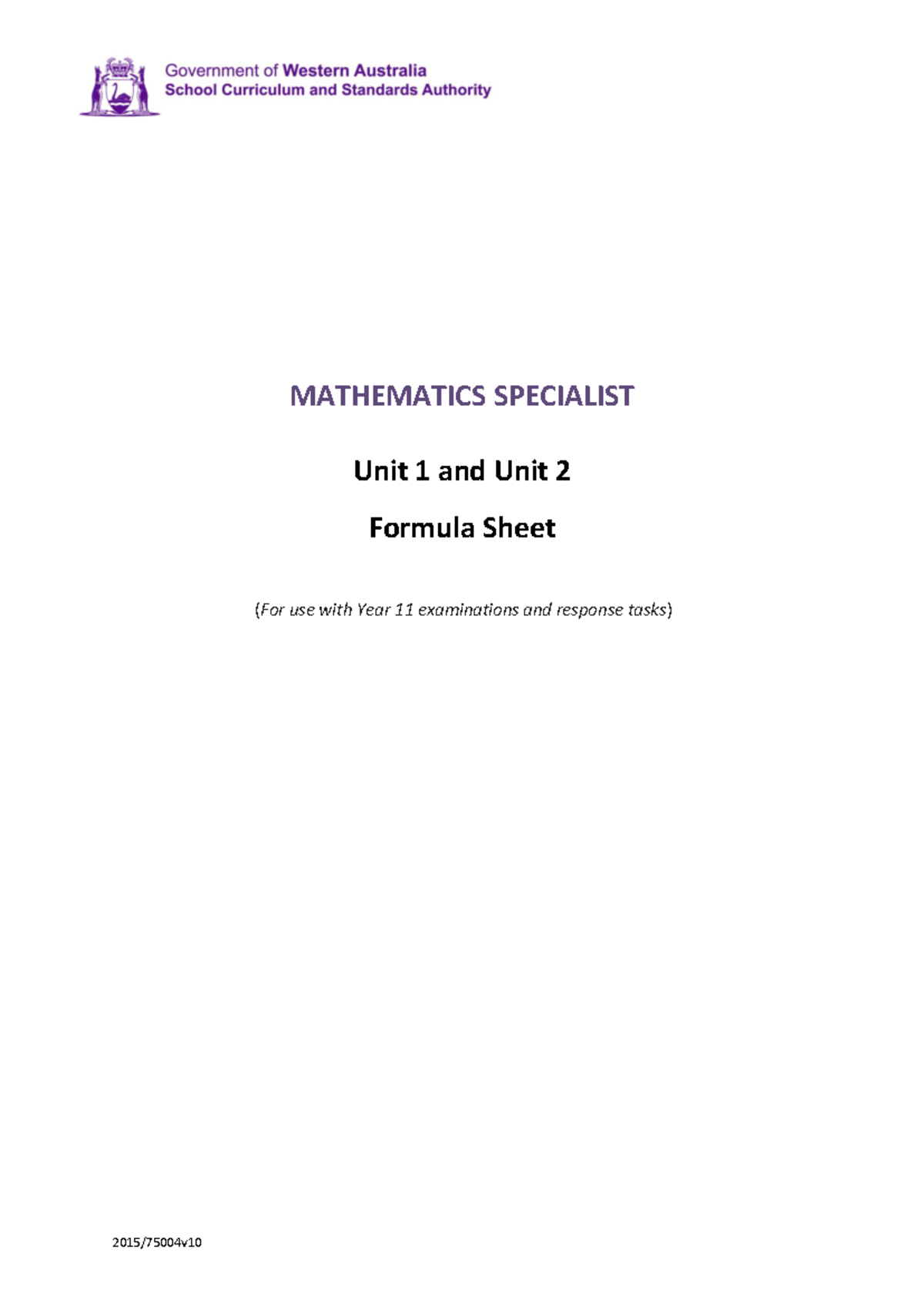 Mathematics Specialist 11 - Unit 1 & 2 Formula Sheet - Studocu