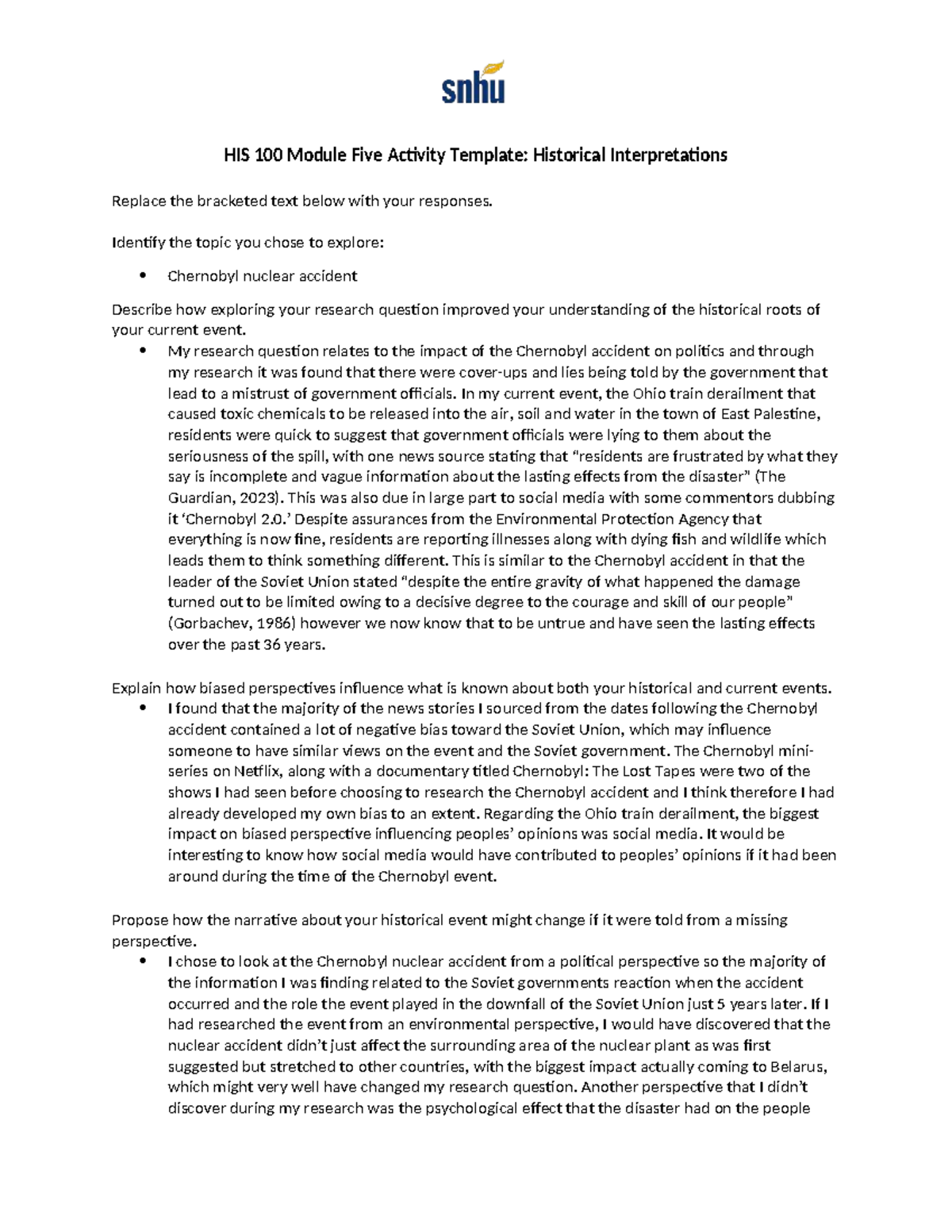 HIS 100 Module Five Activity: Analyzing Chernobyl's Impact on Current ...