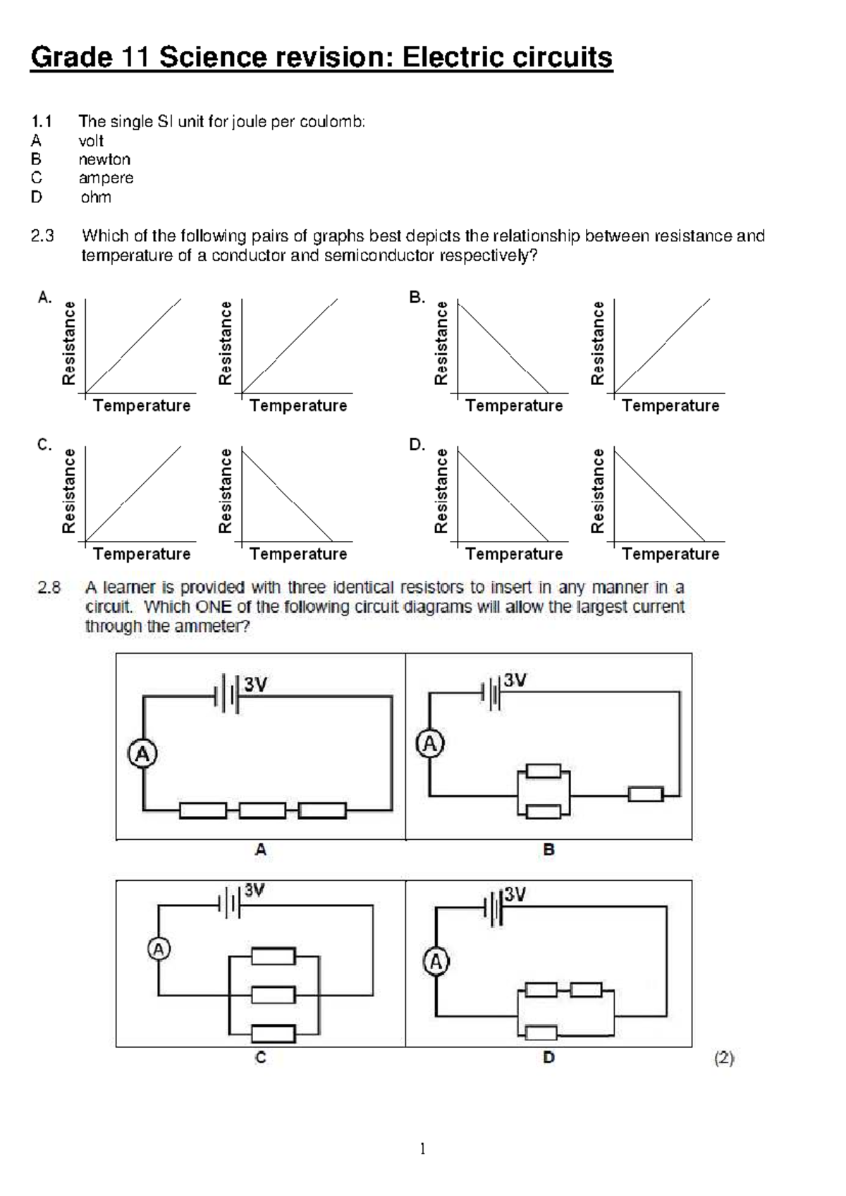 Grade 11 Science Revision: Electric Circuits & Key Concepts - Studocu