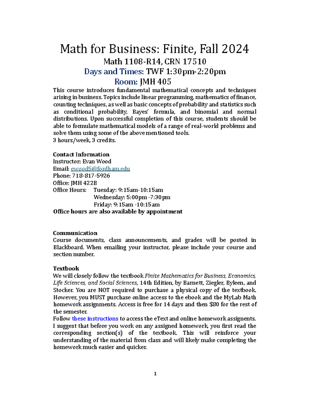 Syllabus - Math for Business: Finite, Fall 2024 Math 1108-R1 4 , CRN ...