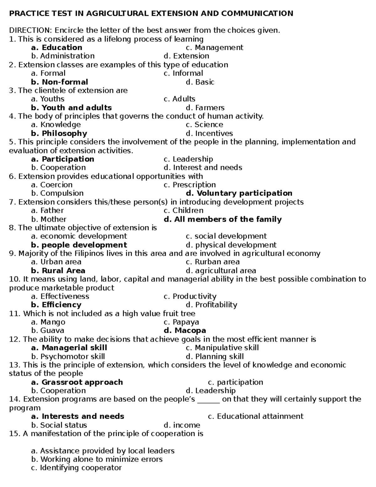 Practice Test: Agricultural Extension and Communication (AG 101) - Studocu