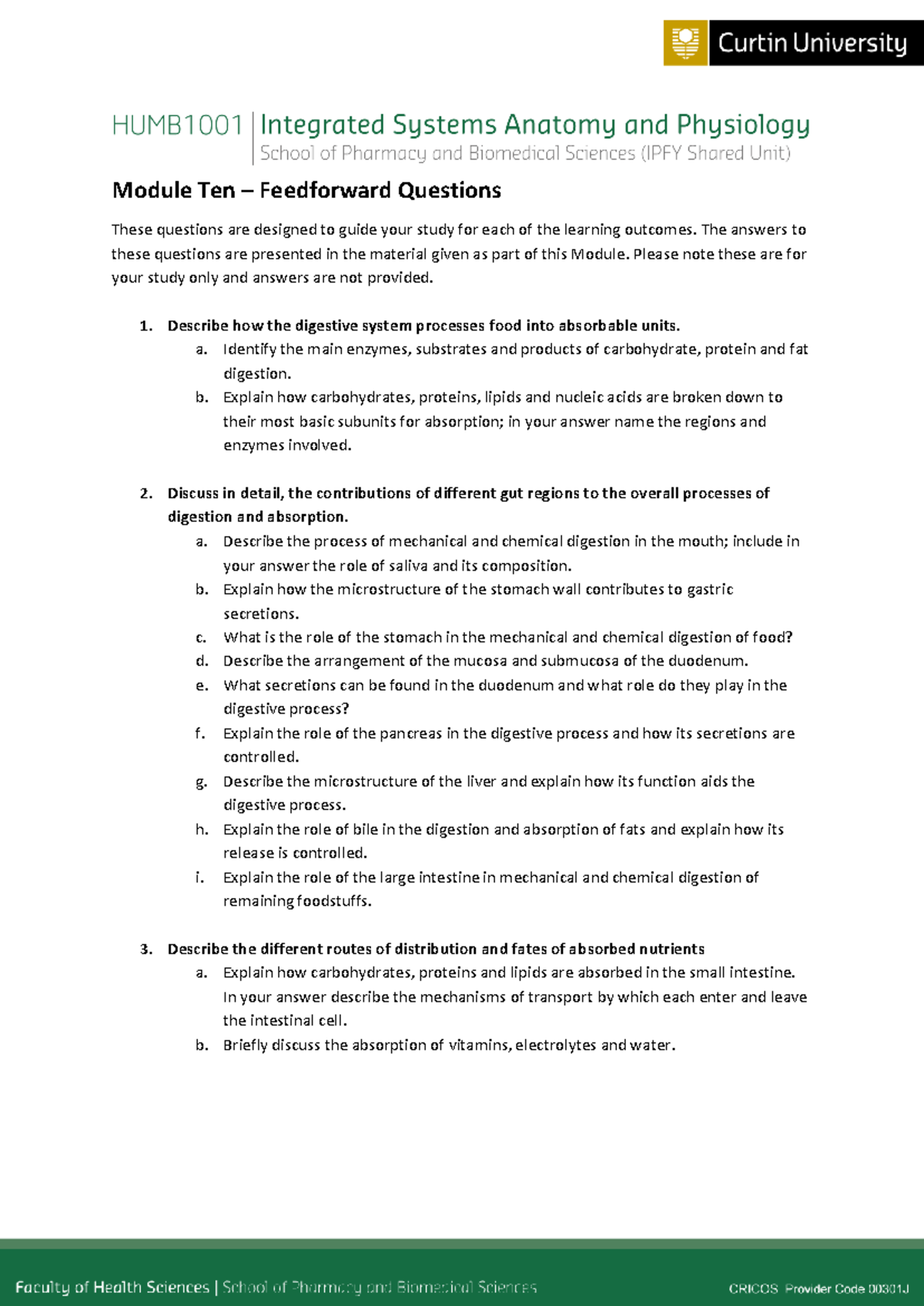 Module 10 Feedforward Study Questions on Digestion and Absorption - Studocu