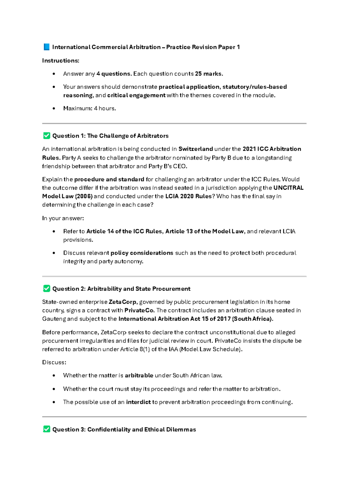 International Commercial Arbitration Practice Revision Papers 1 & 2 ...