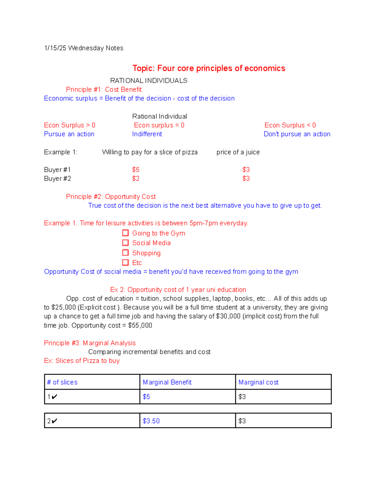 Econ 121 - Notes - 1/15/25 Wednesday Notes Topic: Four core principles ...