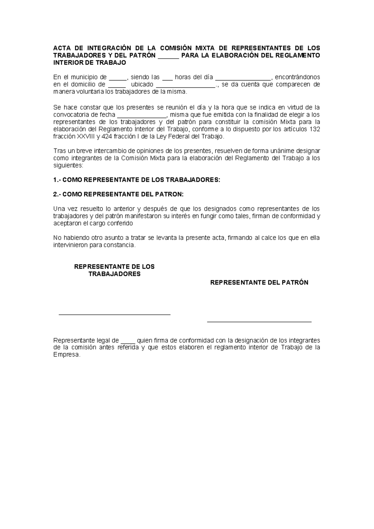 ACTA DE INTEGRACIÓN DE LA COMISIÓN MIXTA RIT - Reglamento Interior de ...
