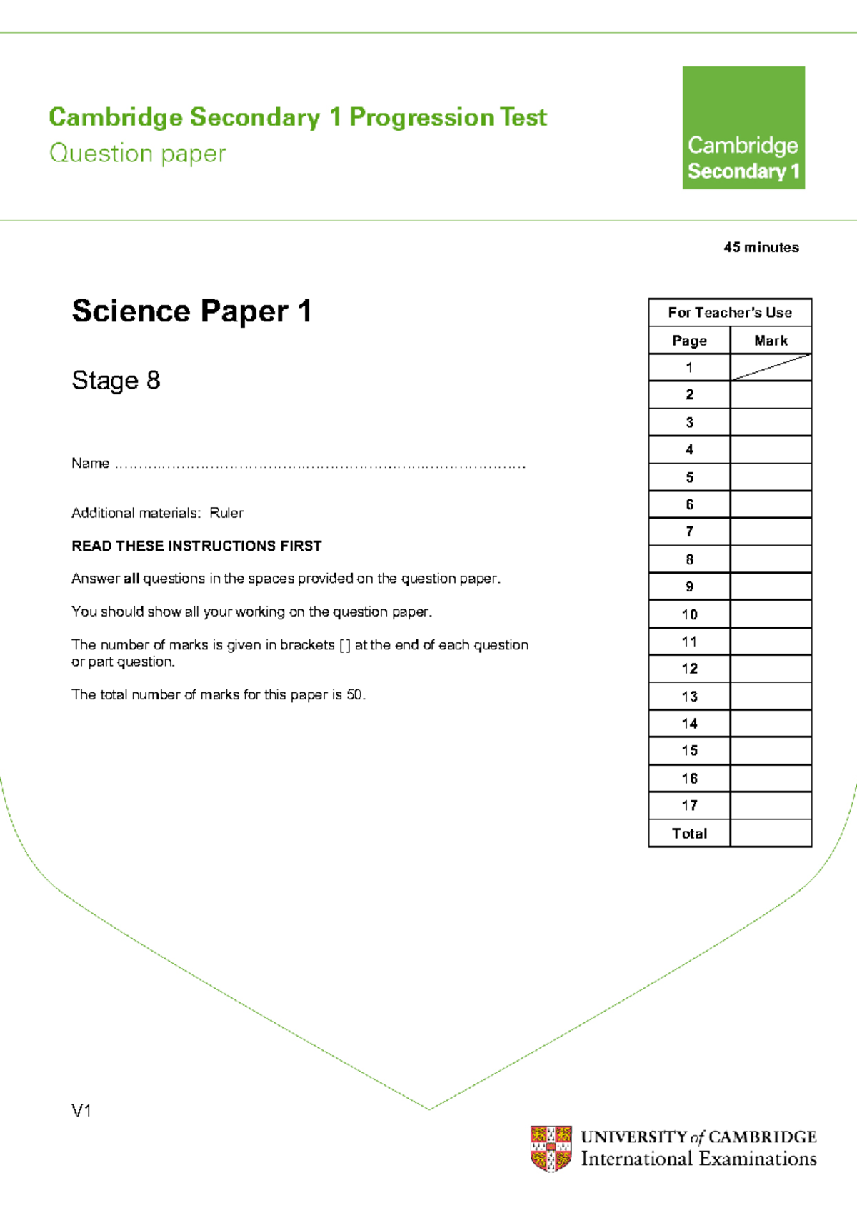 Stage 8 Secondary Progression Science Test Paper 1 (50 Marks) - Studocu