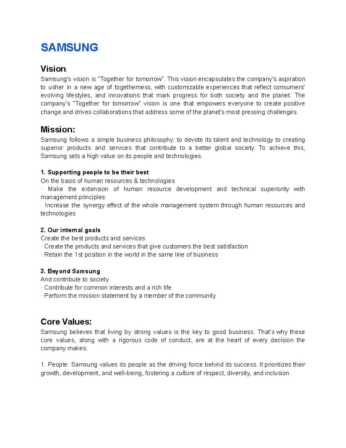 SAMSUNG: Vision, Mission & Core Values Overview and Analysis - Studocu