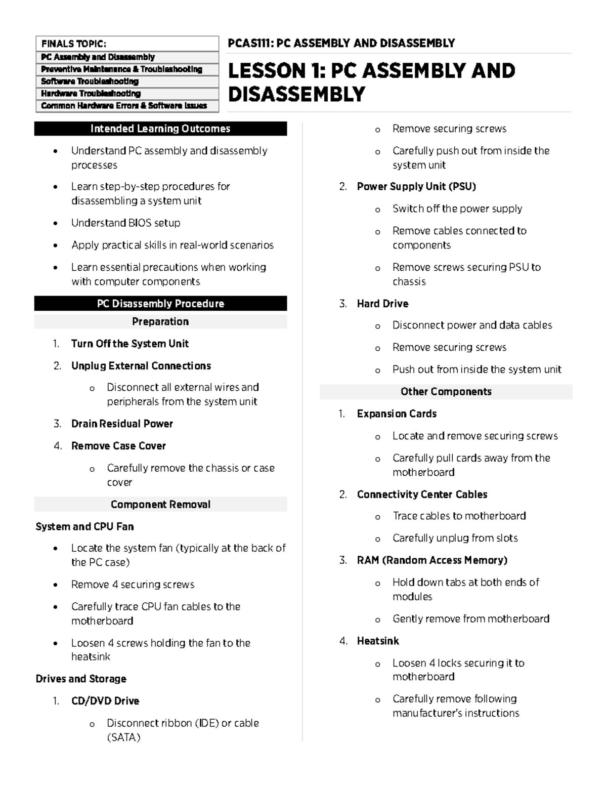 Finals PCAS - Final - PCAS111: PC ASSEMBLY AND DISASSEMBLY LESSON 1: PC ...
