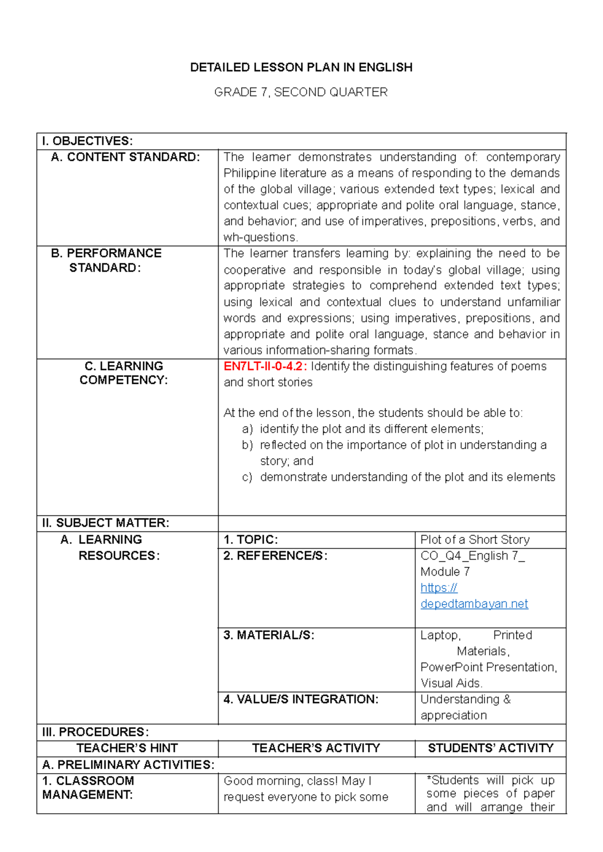 Detailed Lesson Plan in English 7: Understanding Plot Elements - Studocu