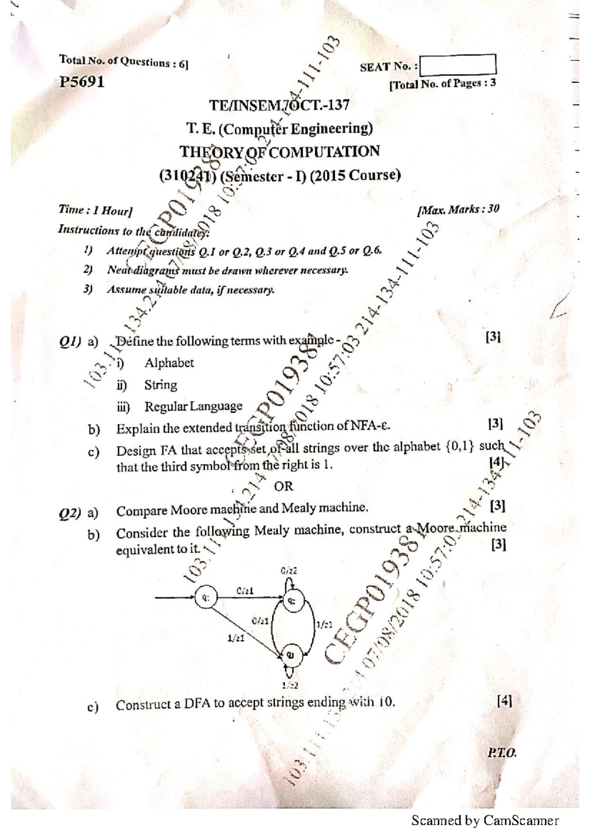 TE-TOC-Insem - Theory of Computation Question Paper (310241) - Studocu