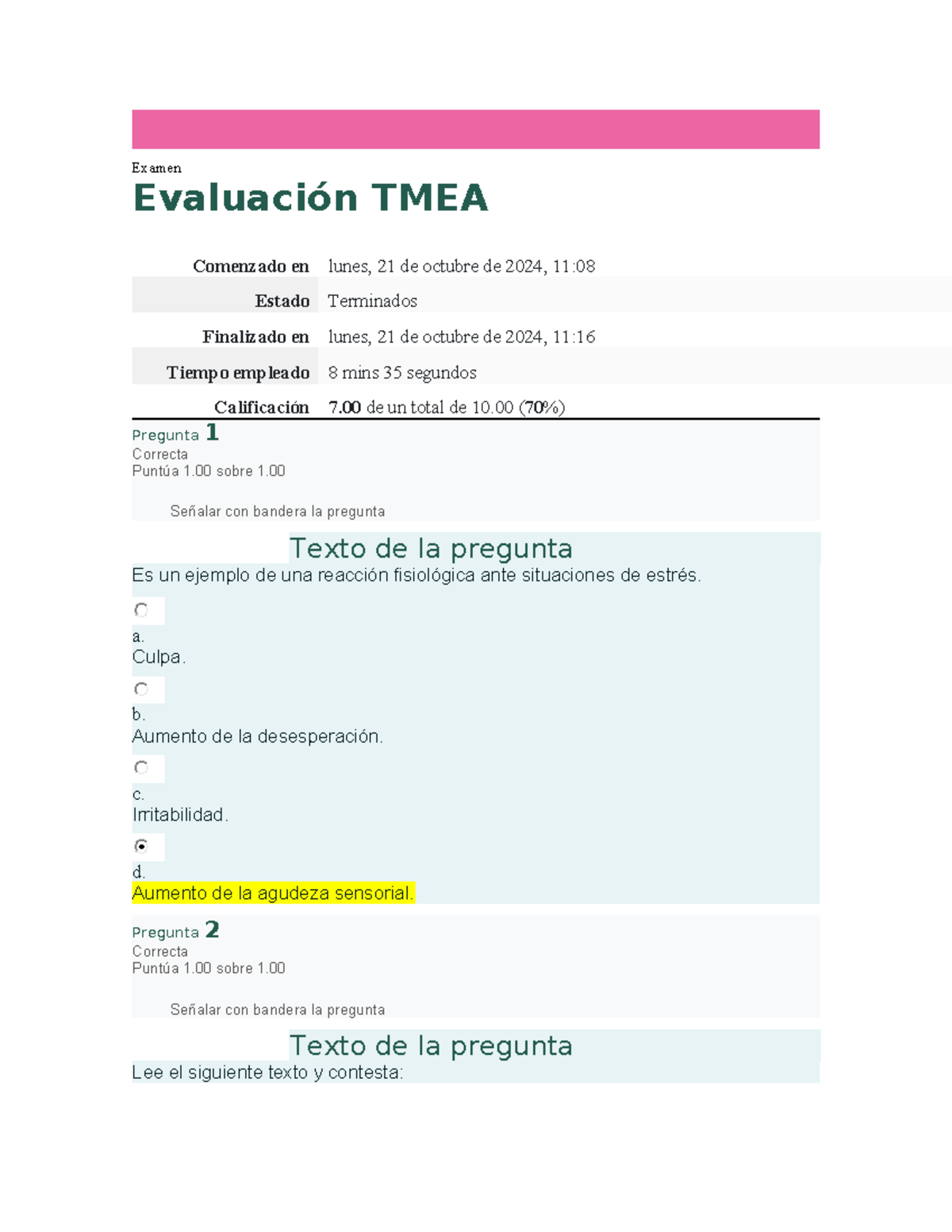 Evaluación TMEA - Examen de Protección Civil y Respuesta Psicológica - Studocu