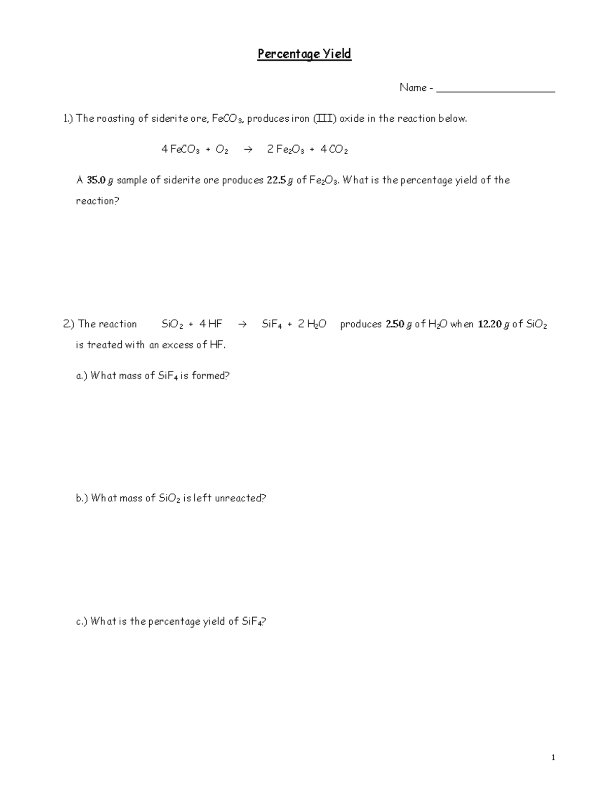 Worksheet - STO 101: Percentage Yield Calculations - Studocu