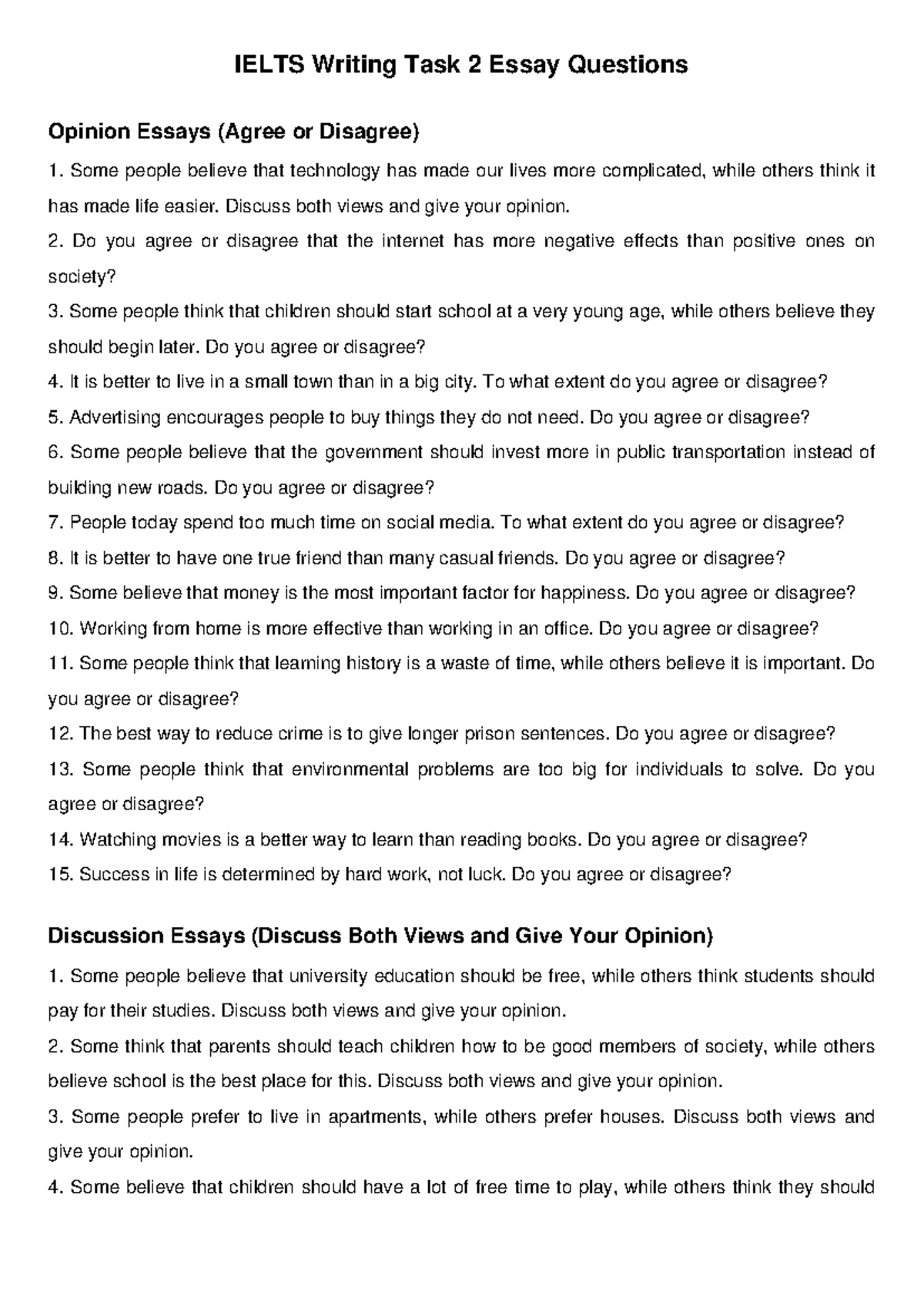 IELTS Writing Task 2: Opinion & Discussion Essay Questions - Studocu