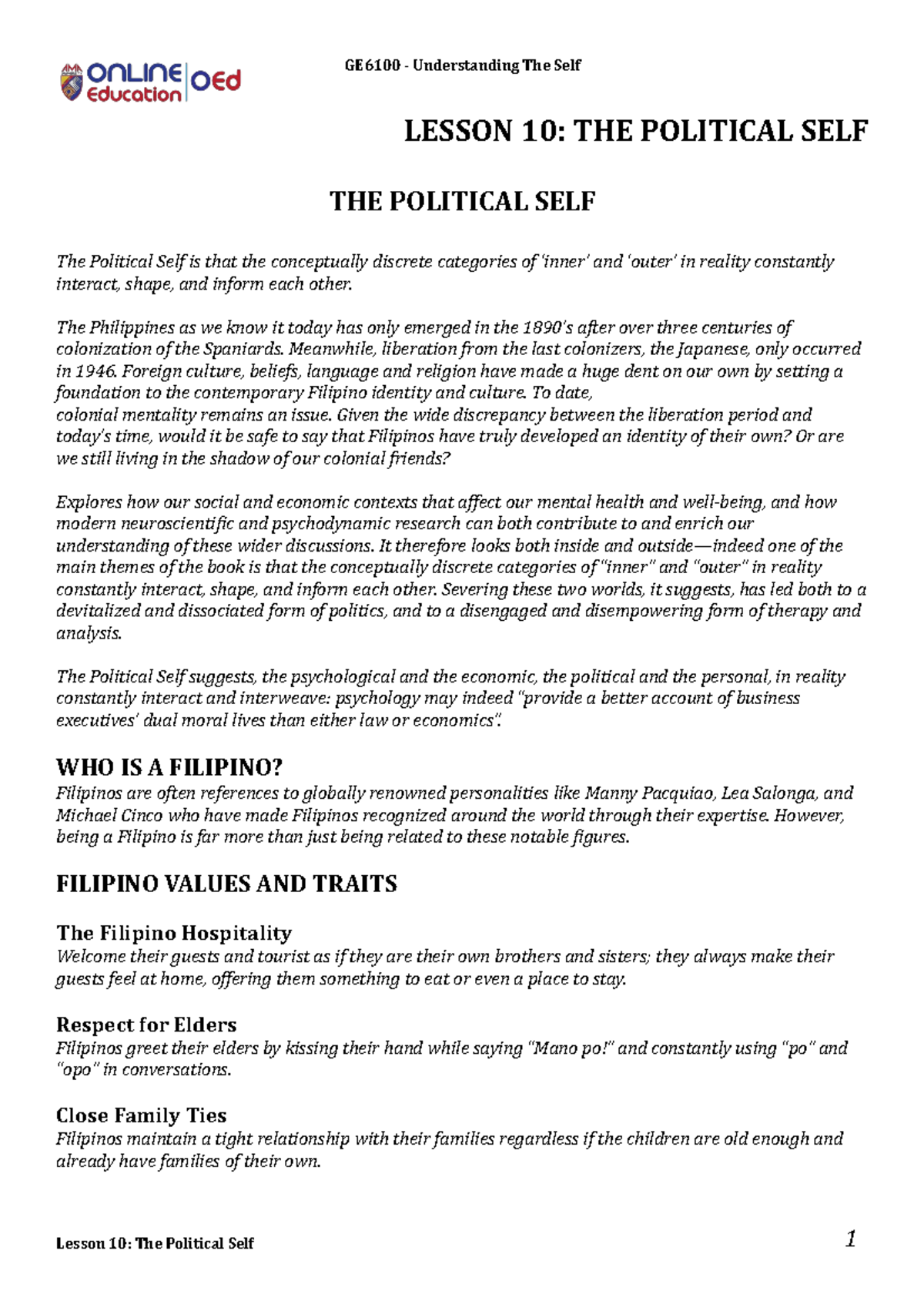 Lesson 10 - The Political Self - GE6100 - Understanding The Self LESSON ...