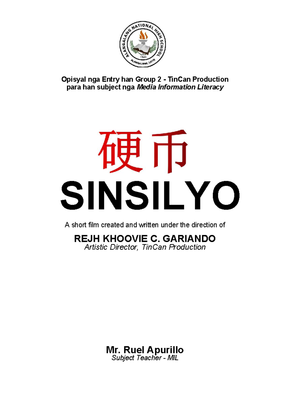 SINSILYO: Opisyal nga Script han Short Film 'Sinsilyo' - Studocu