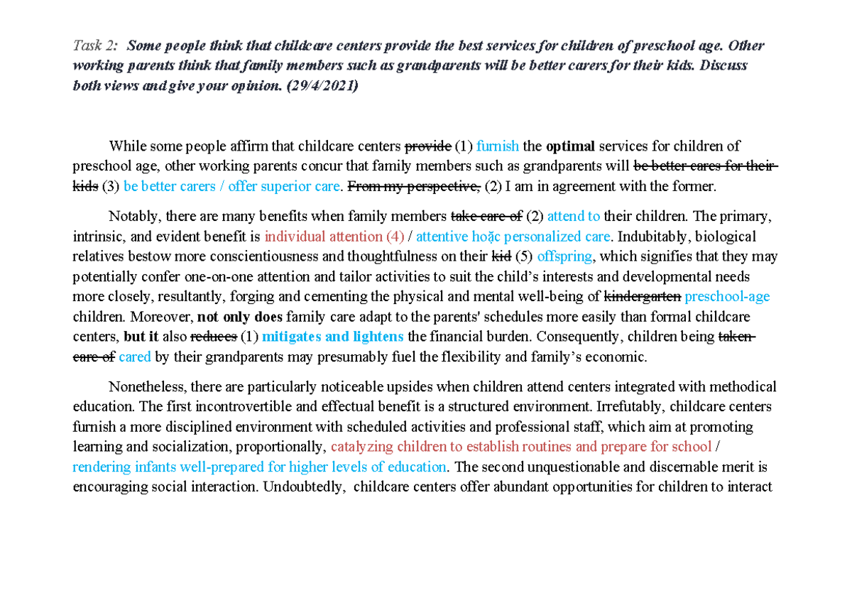 HGN 2021 Essay: Childcare Centers vs Home Care for Preschoolers - Studocu