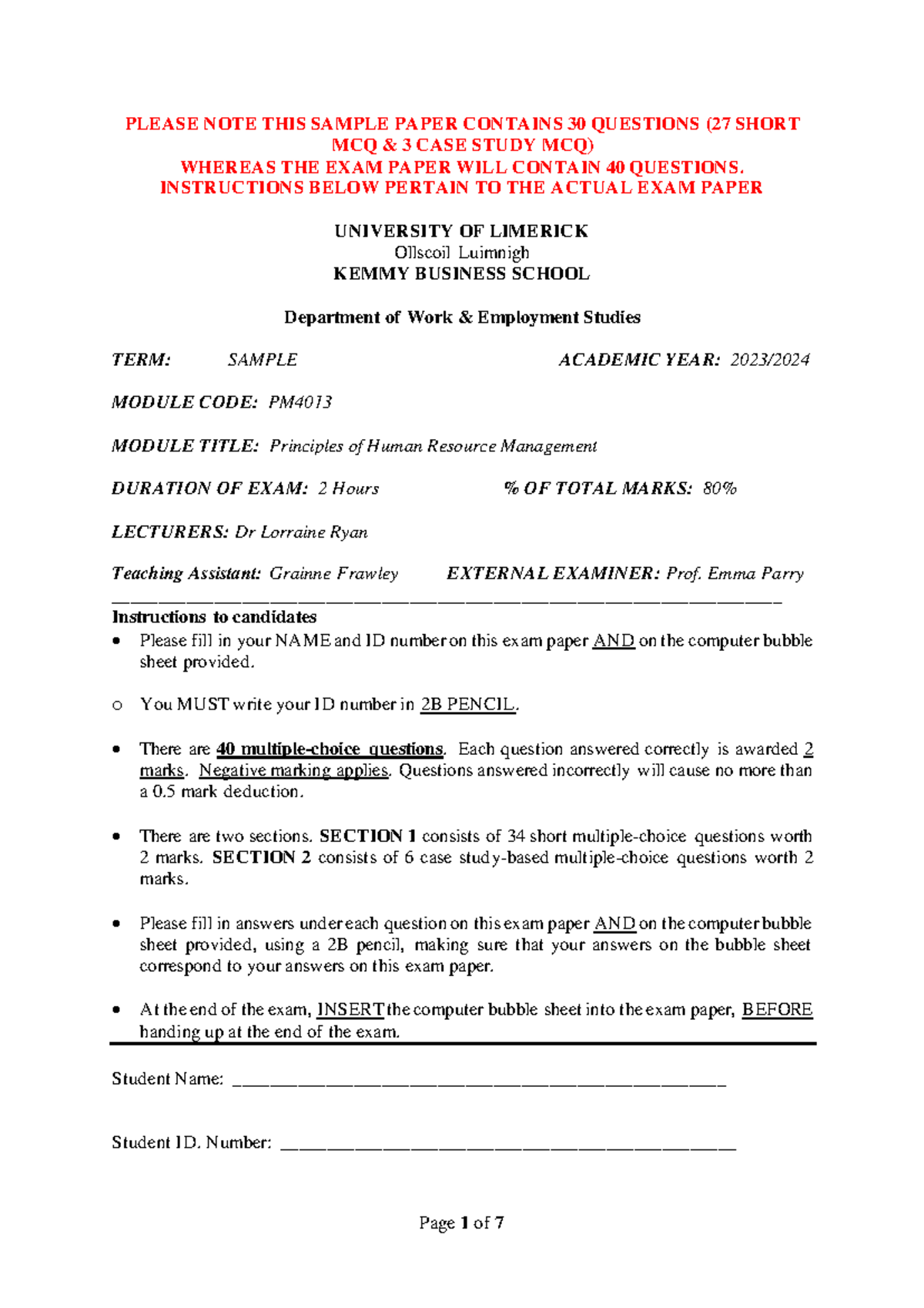 Sample Exam Paper 2023 - PLEASE NOTE THIS SAMPLE PAPER CONTAINS 30 ...