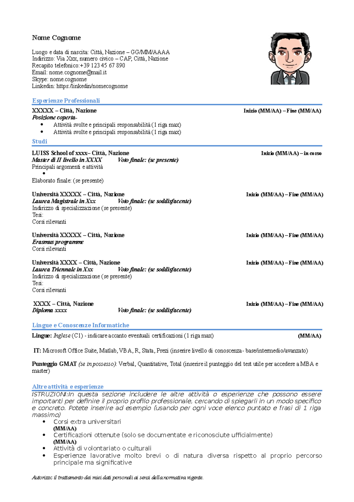 CV Luiss template - Nome Cognome Luogo e data di nascita: Città ...