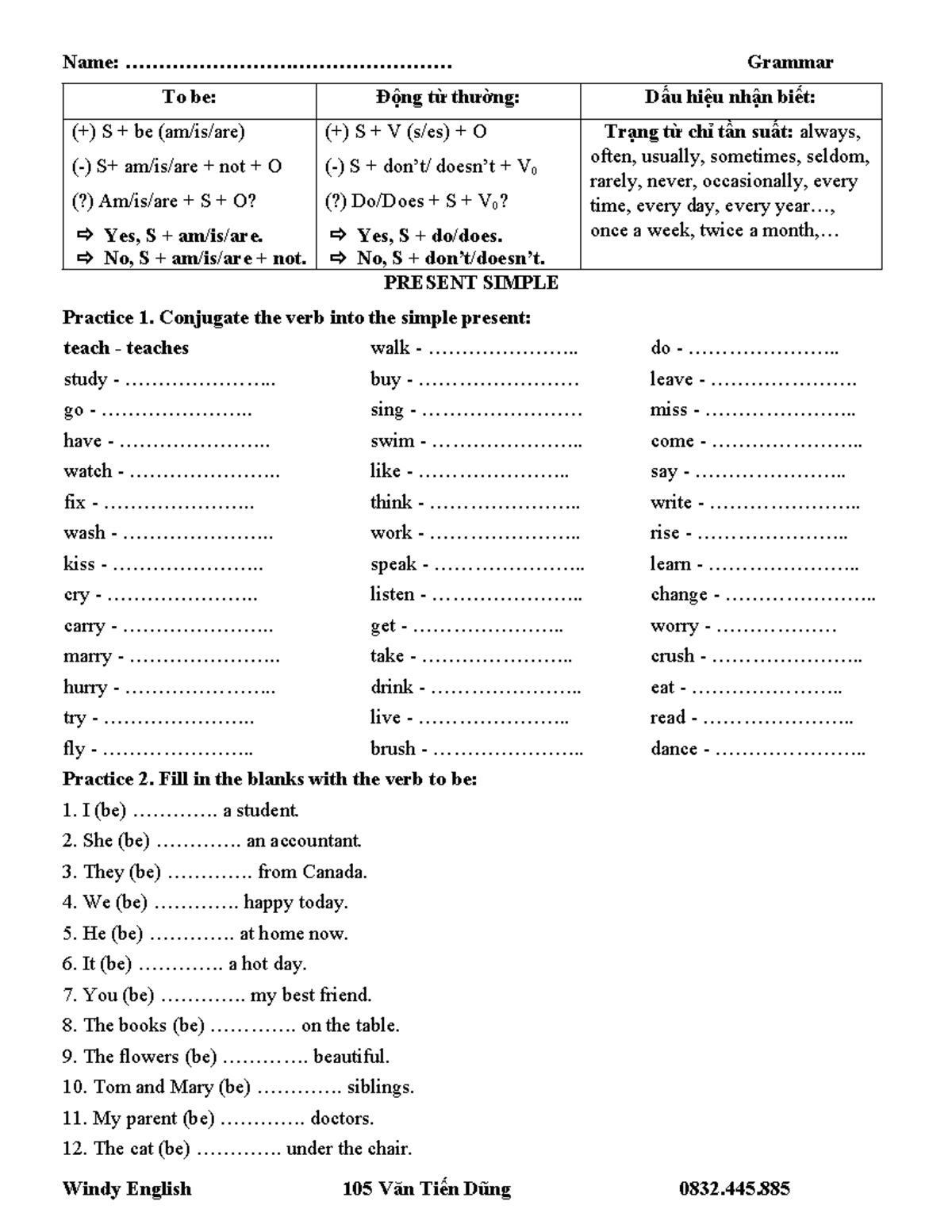 Present Simple Grammar Exercises for English 105 - Studocu