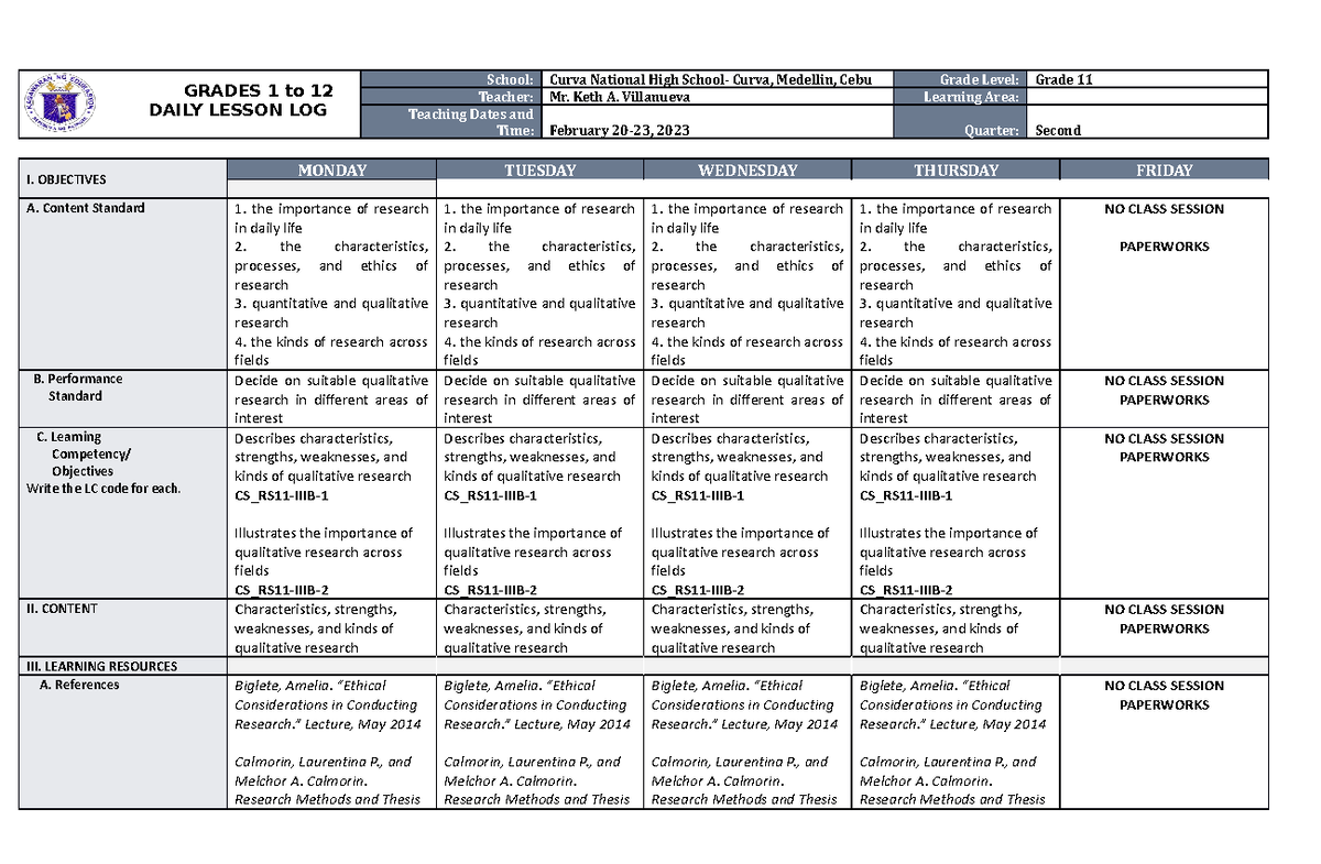 DLL in PR1 - Week 2: Qualitative Research Daily Lesson Log - Studocu