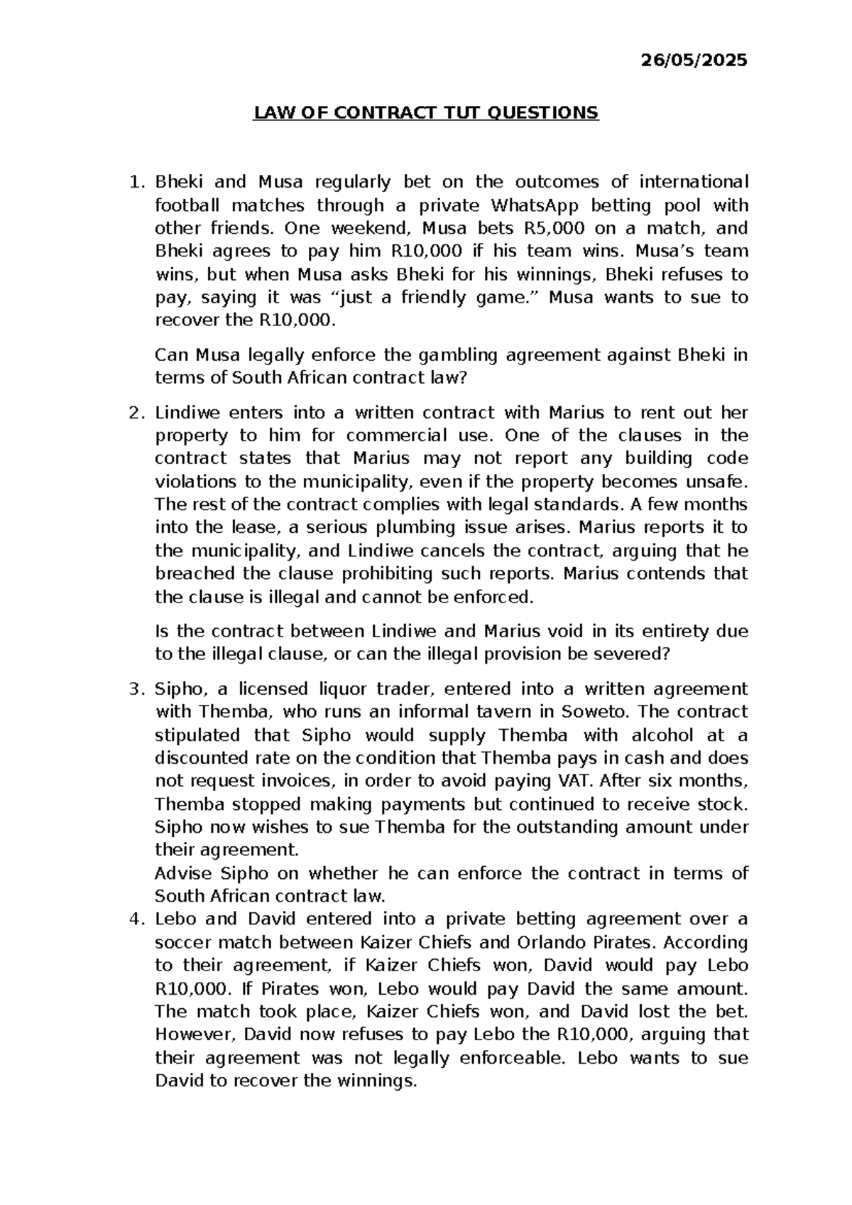 26052025 LAW OF CONTRACT TUT Questions on Gambling & Agreements - Studocu