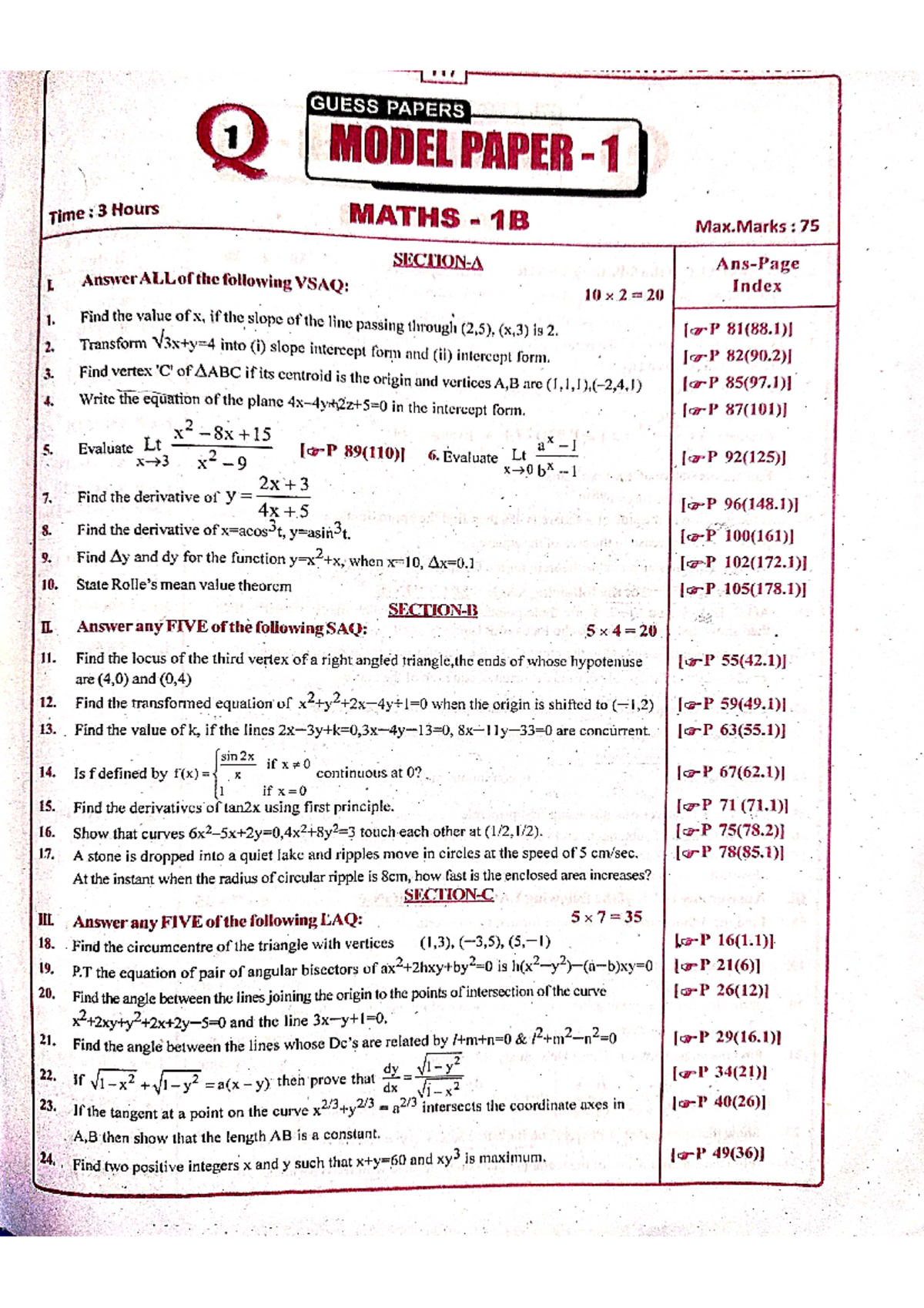 Maths 1B - Model Paper Series and Previous IPE Papers (Max: 75) - Studocu