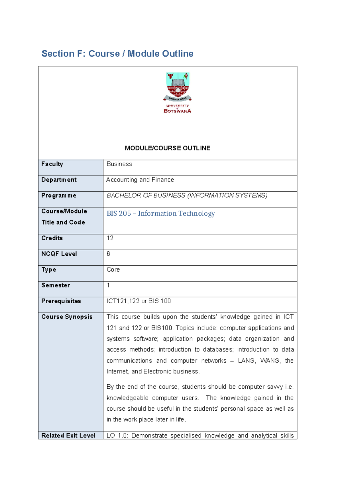 BIS 205 Course Outline: Information Technology Module Overview - Studocu
