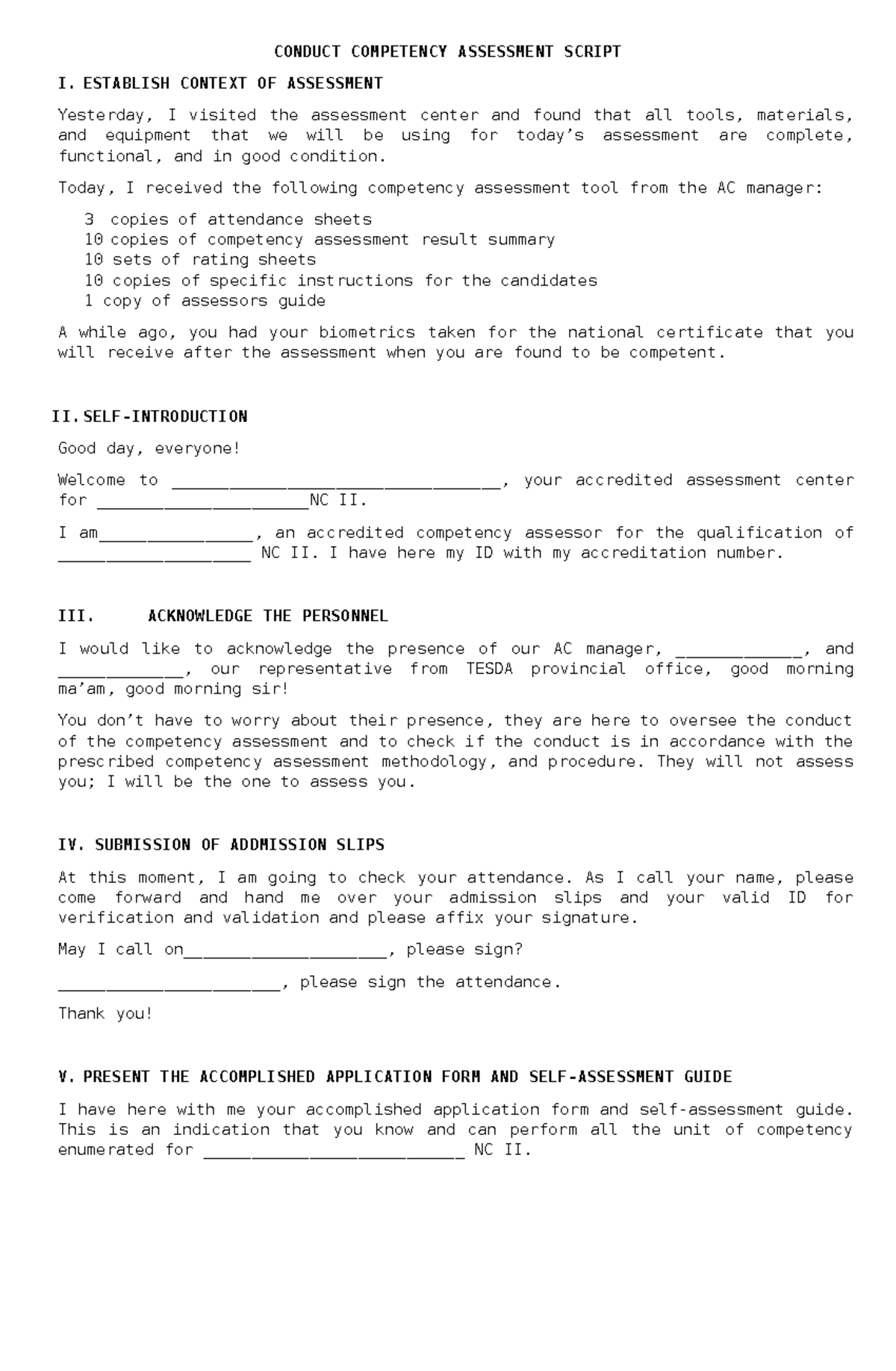 Competency Assessment Script for NC II: Comprehensive Guidelines - Studocu