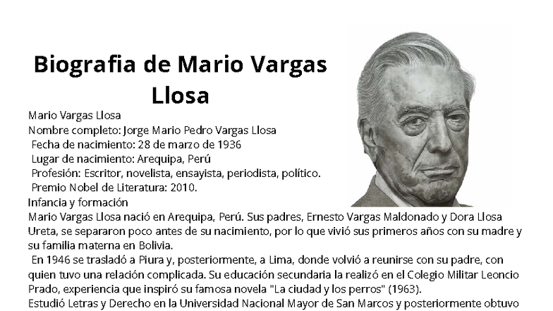 Biografía de Mario Vargas Llosa: Vida y Obra del Nobel 2010 - Studocu