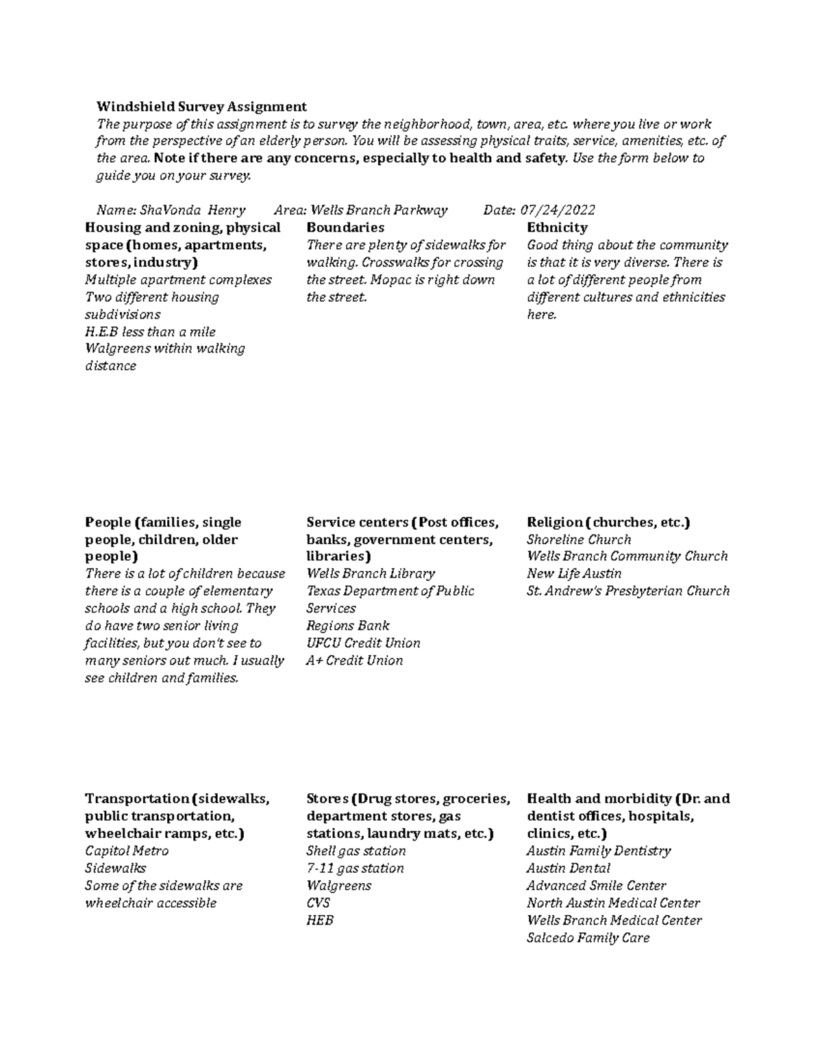 Windshield Survey Assignment: Elderly Community Analysis (CSLO 3, 4 & 5 ...