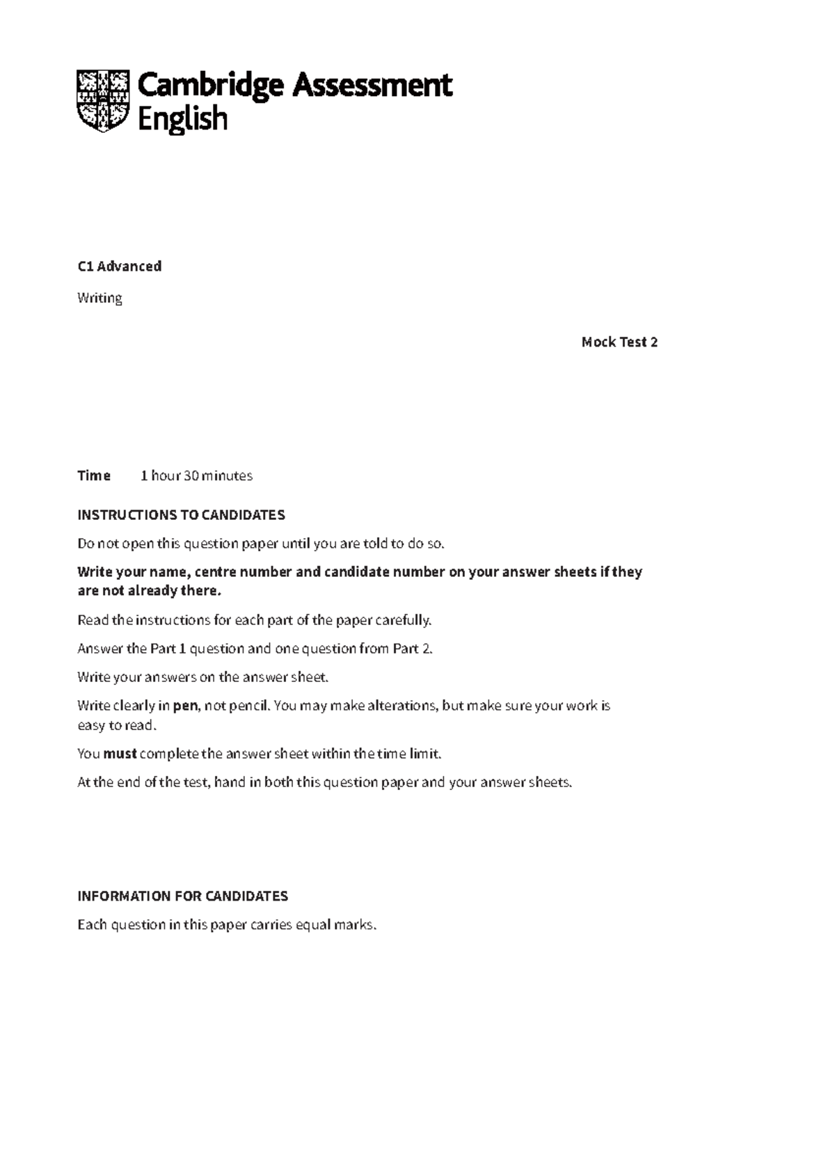 C1 Advanced Writing Mock Test 2 Instructions and Essay Prompt - Studocu