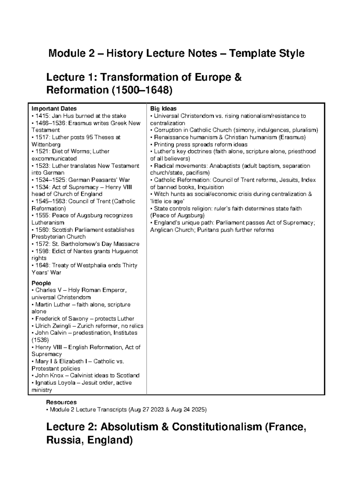 Module 2 – History Lecture Notes: Reformation & Absolutism (1500-1715 ...