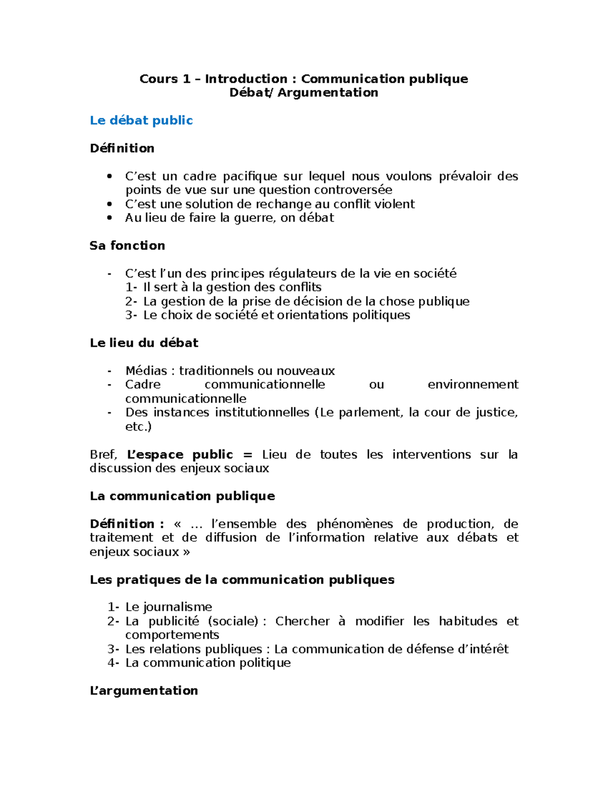 Cours 1 - Introduction à la Communication Publique et Débat - Studocu