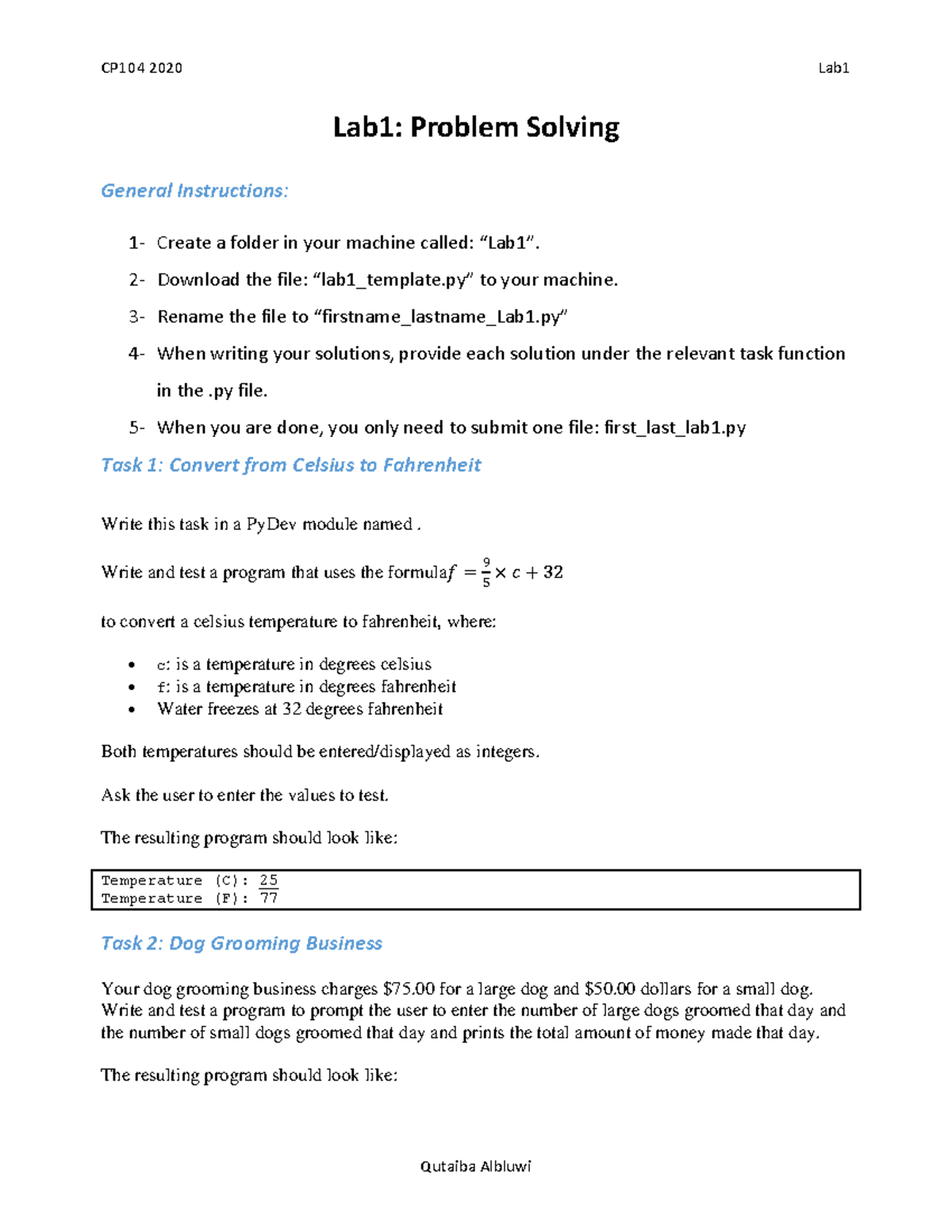Lab1 CP104 Fall2020 - CP104 2020 Lab Qutaiba Albluwi Lab1: Problem ...