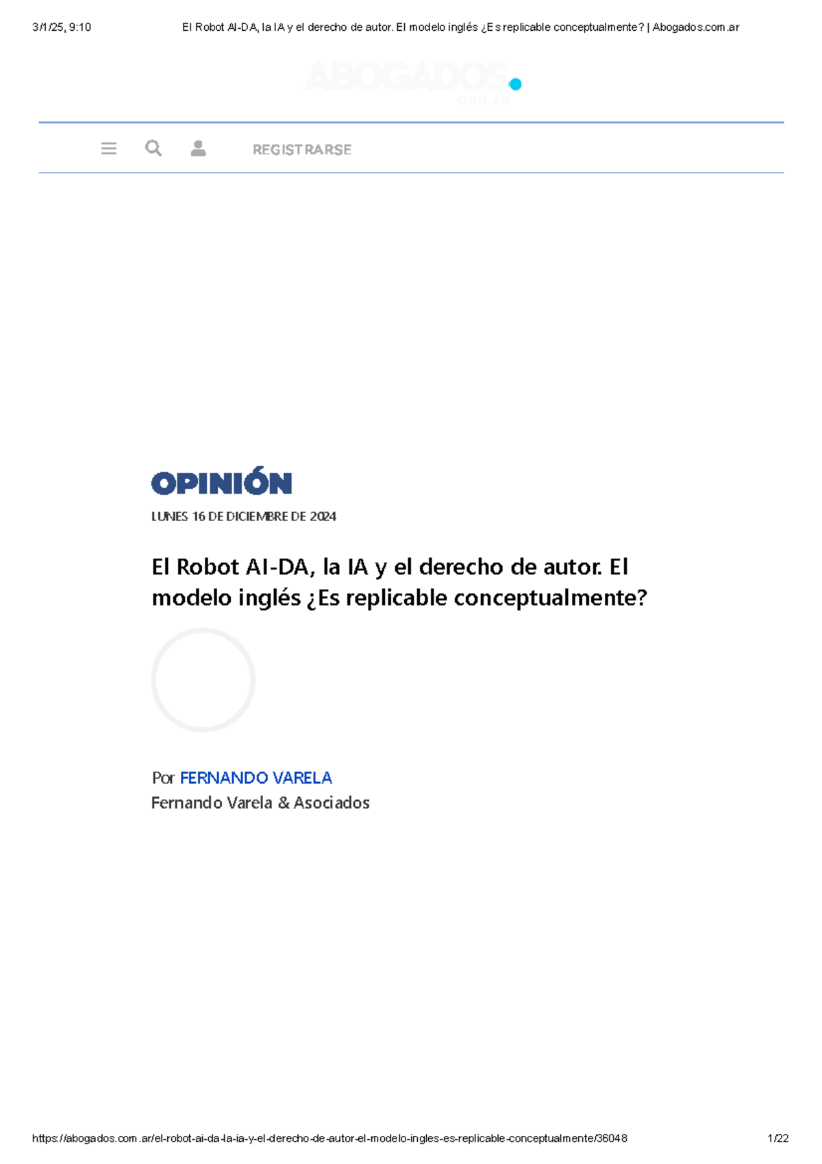 El Robot AI-DA y el Derecho de Autor: ¿Modelo Inglés Replicable? - Studocu