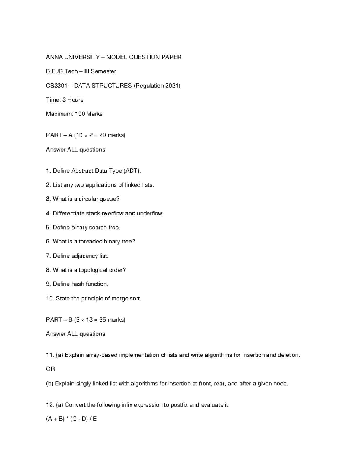 CS3301 Data Structures Model Question Paper (Reg 2021) - Studocu