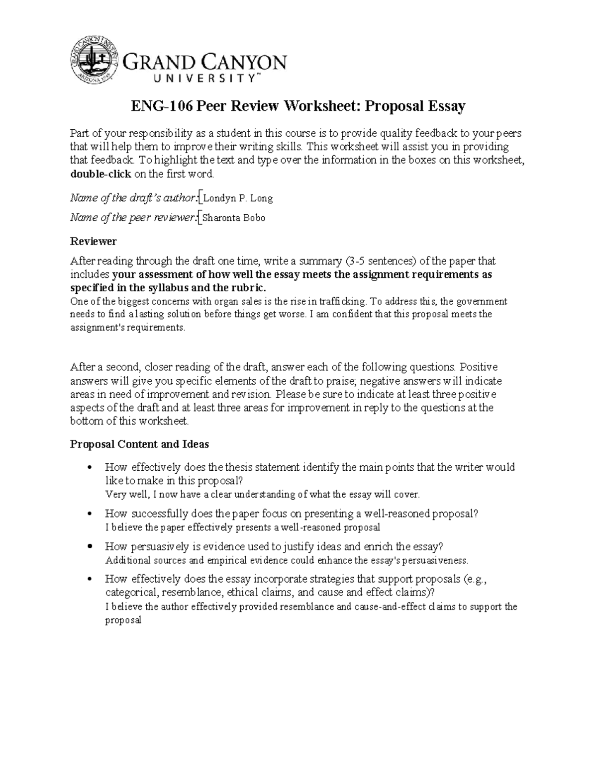 ENG106 Proposal Essay Peer Review Worksheet - Studocu