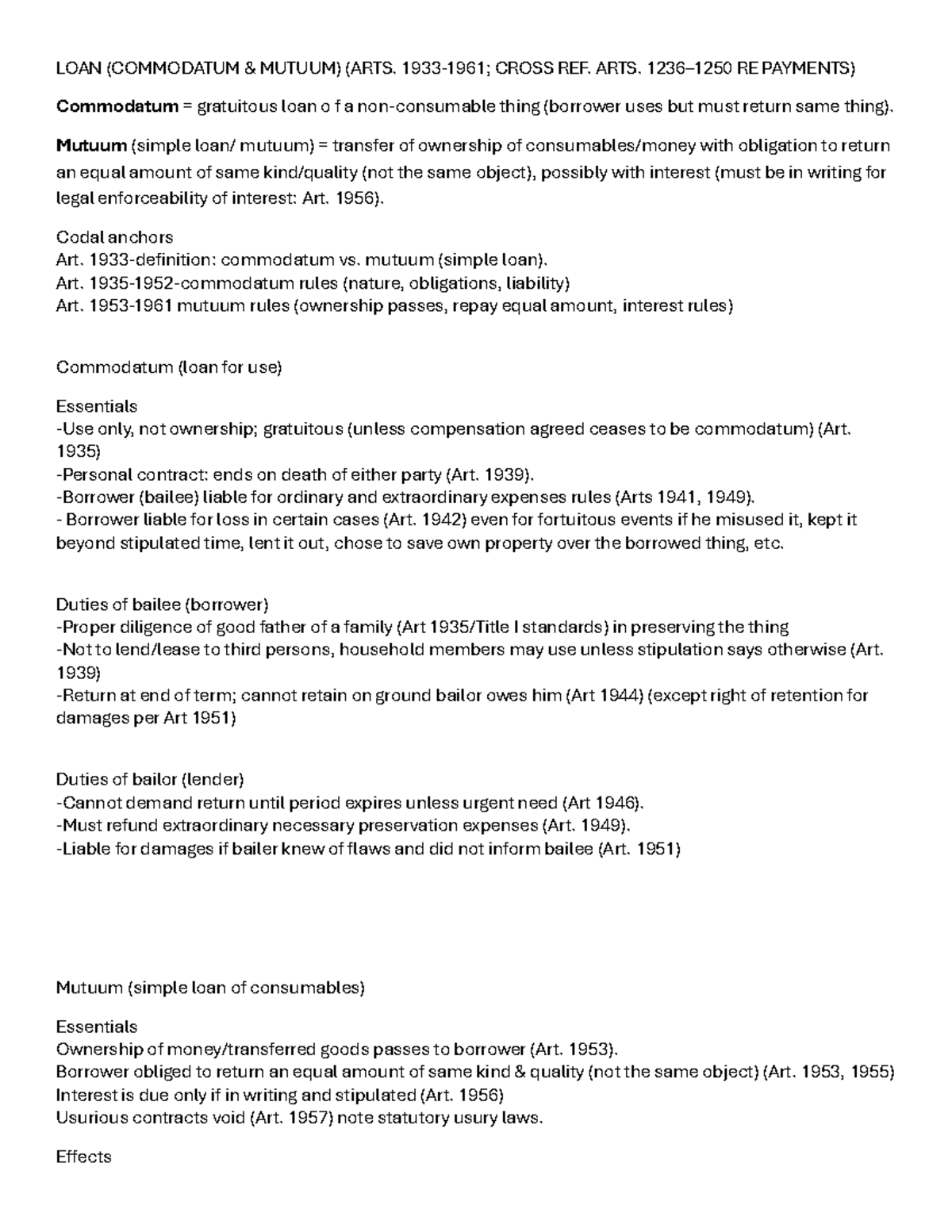 LOAN (COMMODATUM & MUTUUM) - Lecture Notes on Loan Types and Rules ...