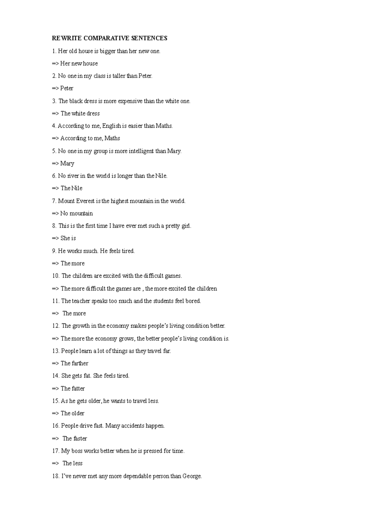 ENG101 Comparative and Conditional Sentences Rewrite Exercises - Studocu