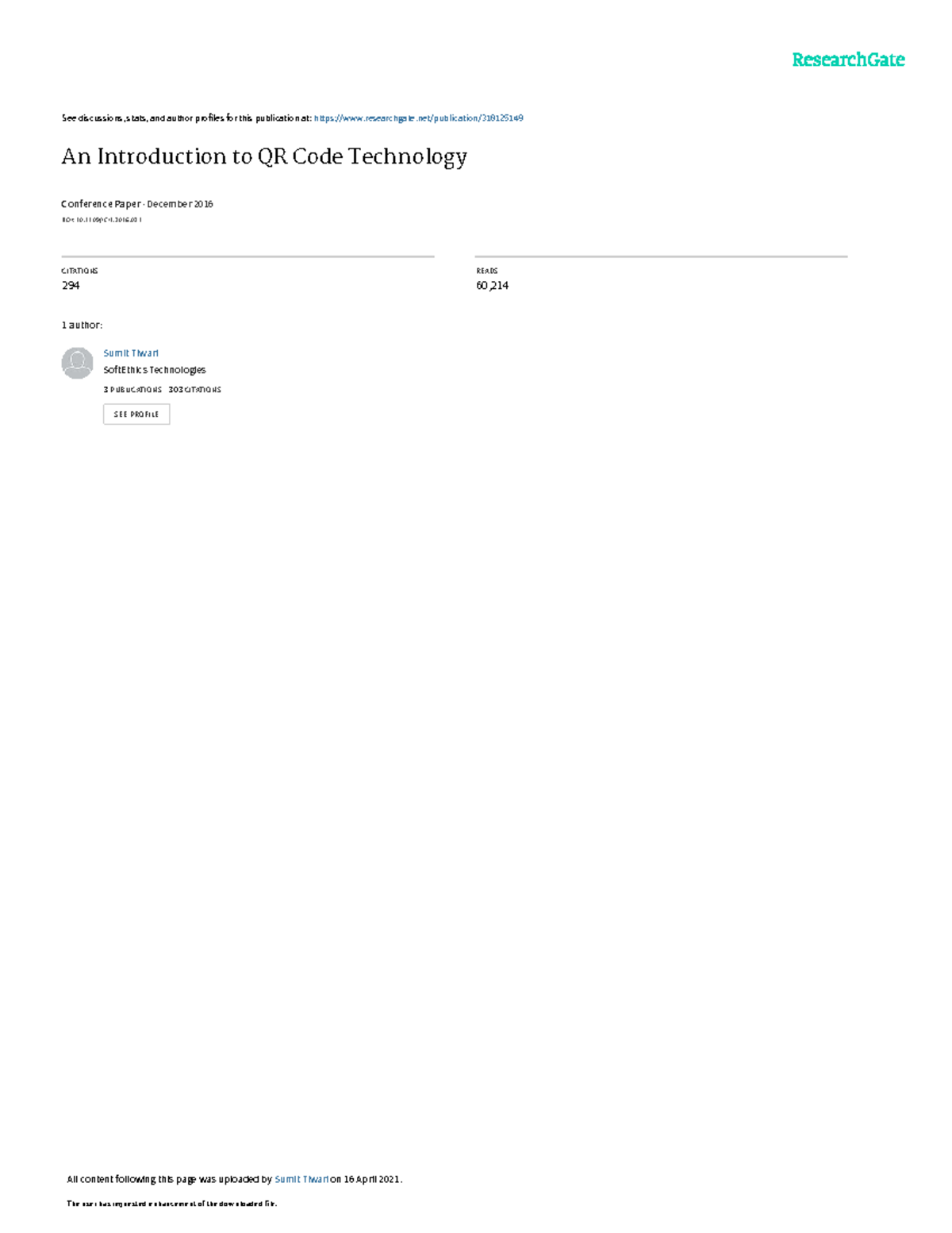 An Introduction to QR Code Technology - Conference Paper 2016 - Studocu