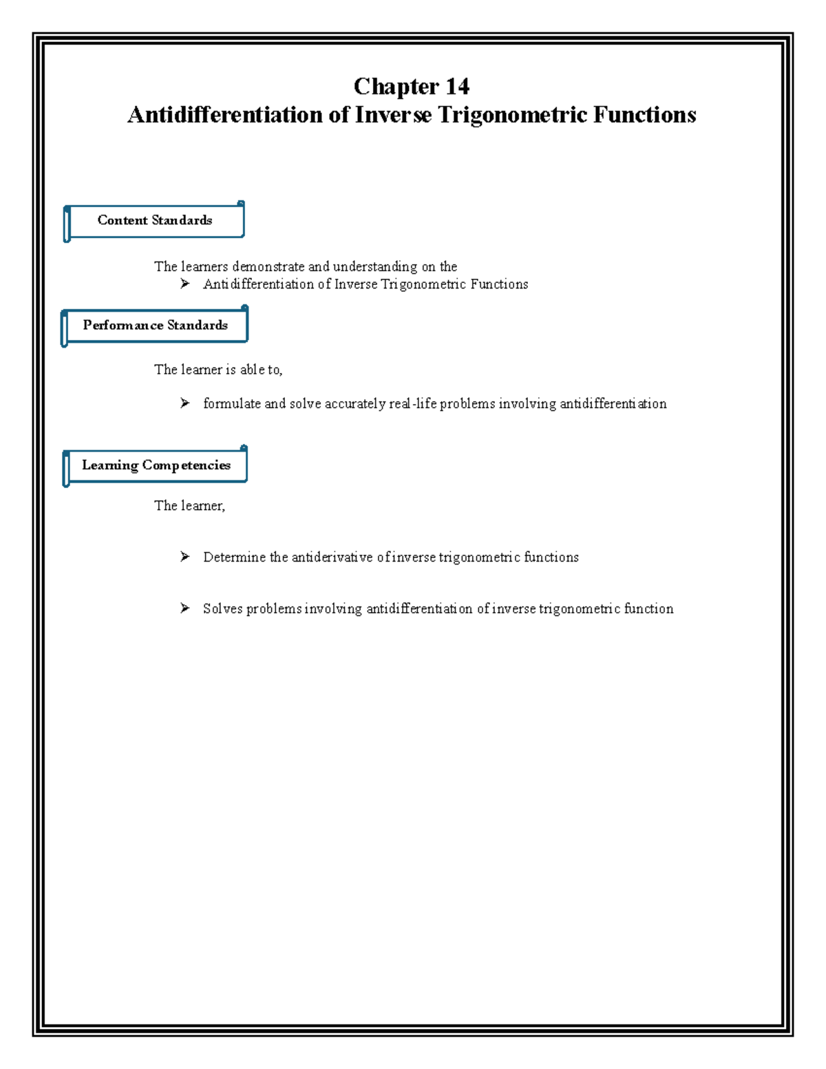 Chapter 14 Antidifferentiation of Inverse Trigonometric Functions - 1 ...