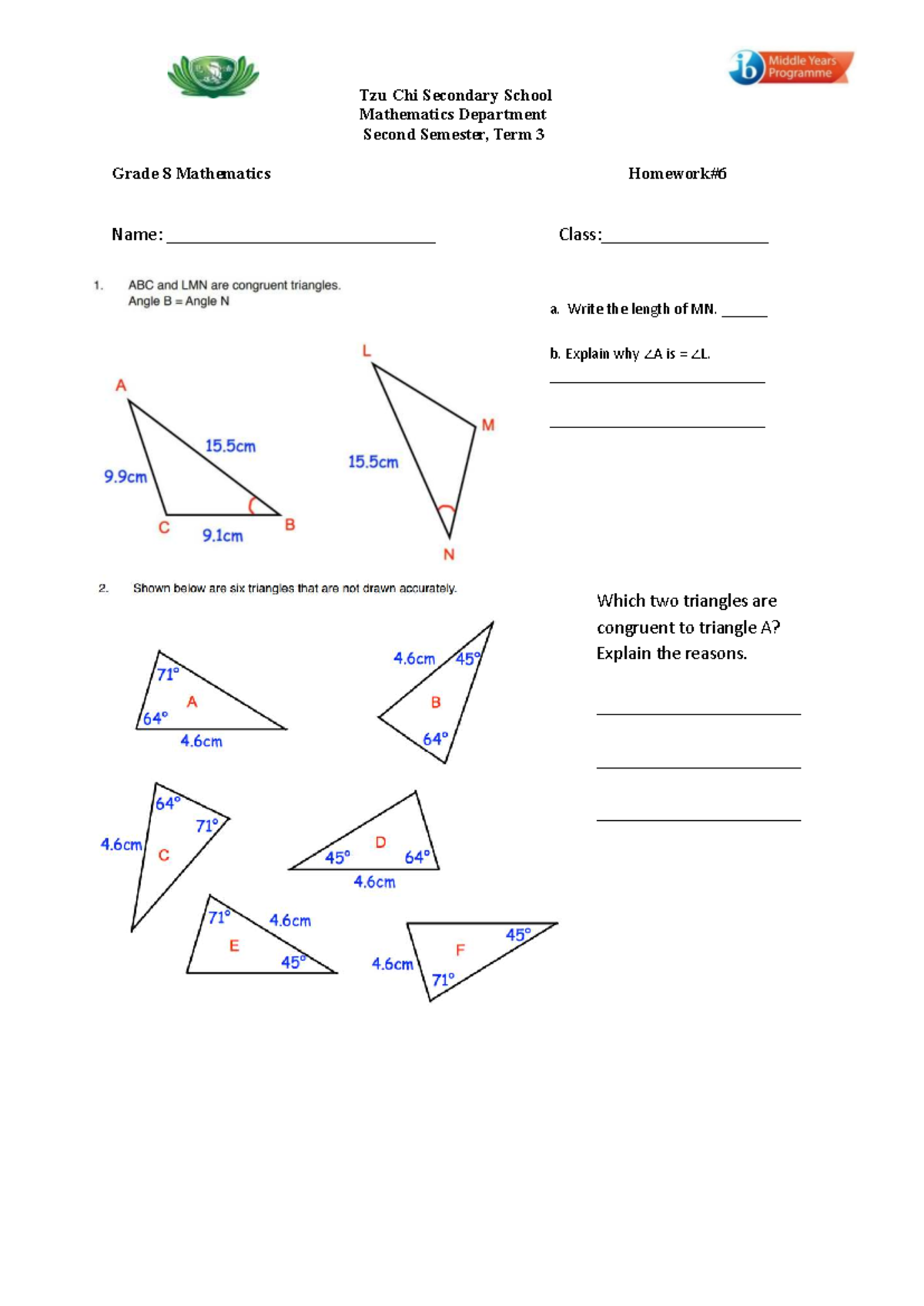 Grade 8 Math Term 3 - Week 4 HW 6: Triangle Congruence - Studocu