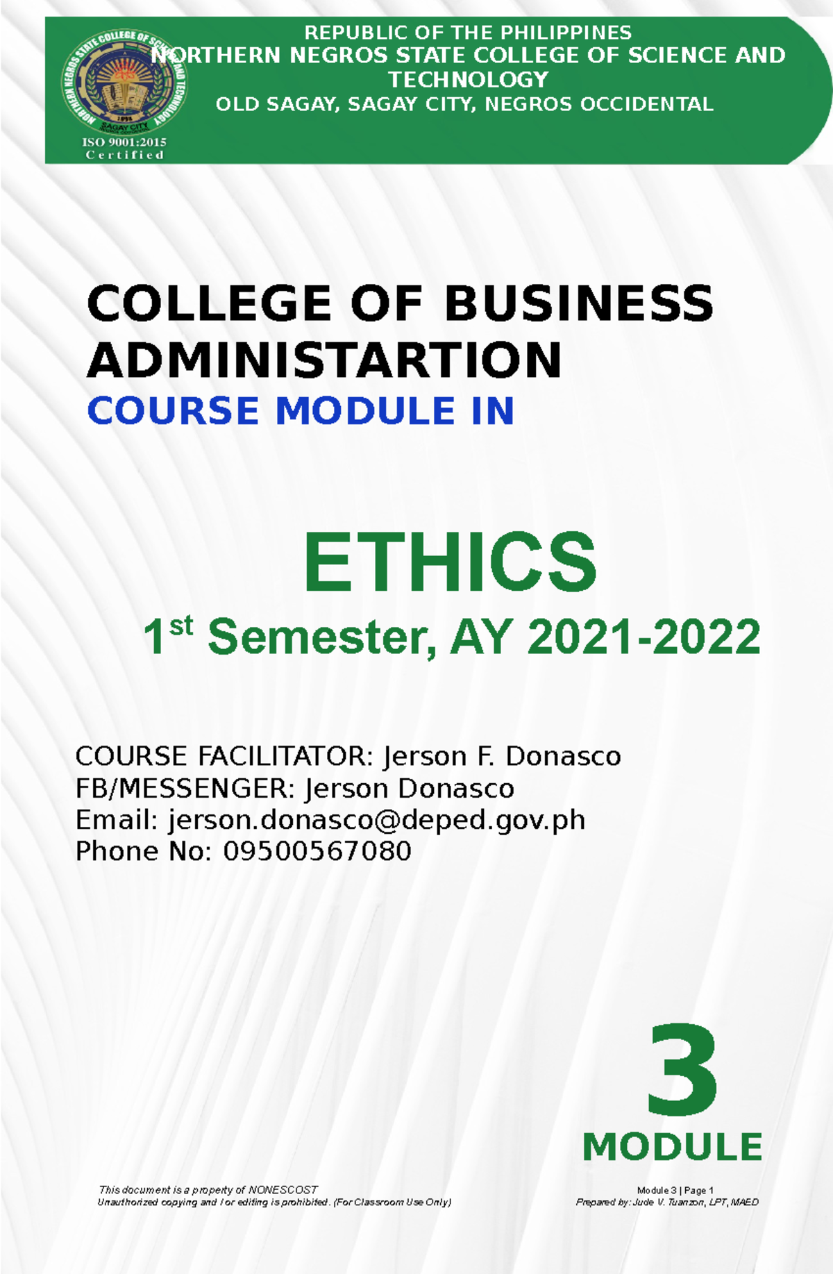 Ethics-module-3-Lesson-1 - This document is a property of NONESCOST ...