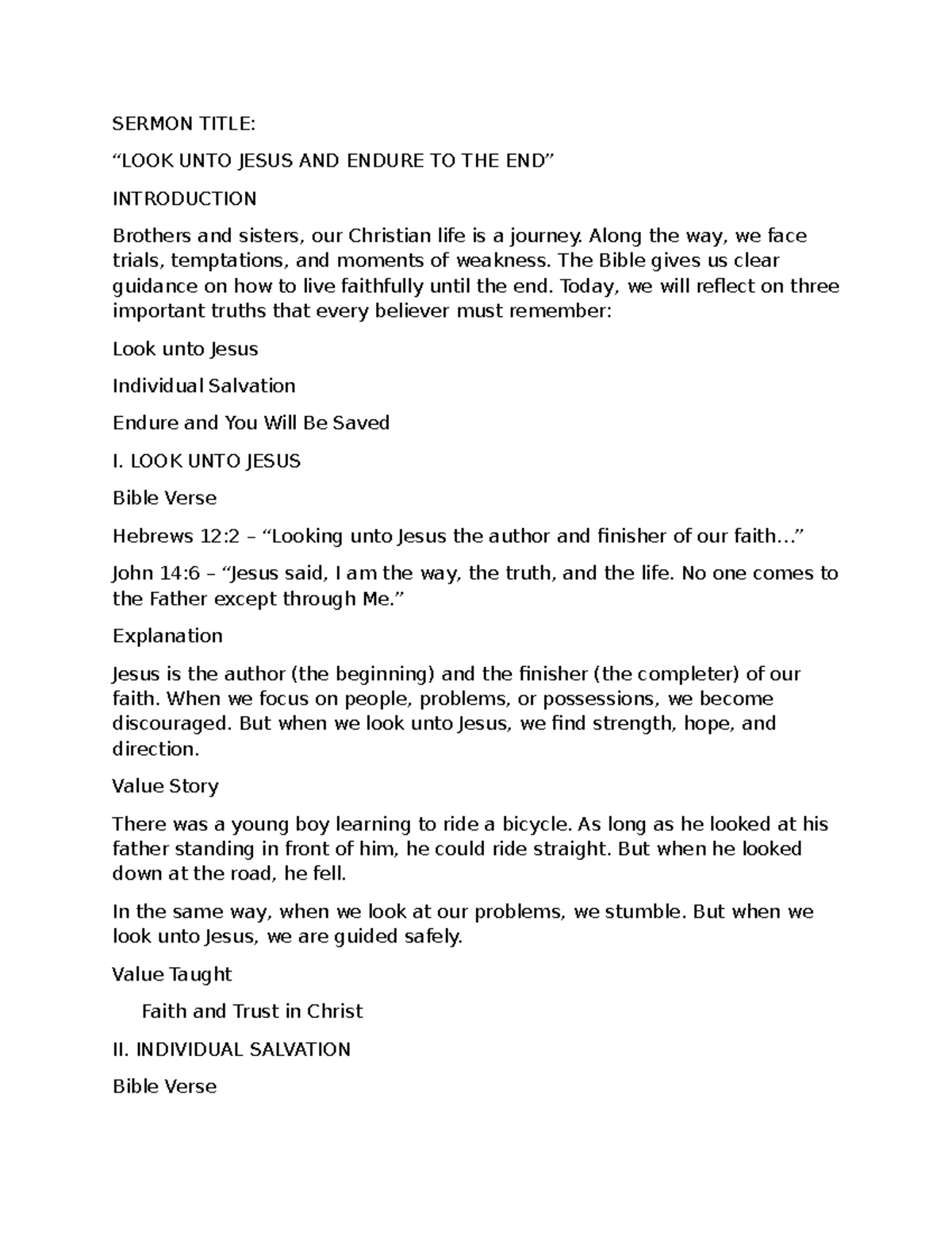 Sermon Notes: Look Unto Jesus and Endure to the End - Studocu