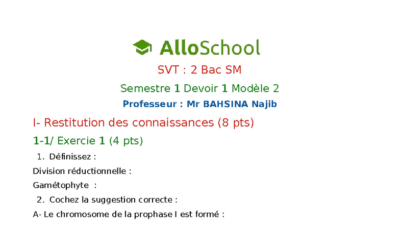 SVT : 2 Bac SM Semestre 1 Devoir 1 Modèle 2 - Restitution des ...