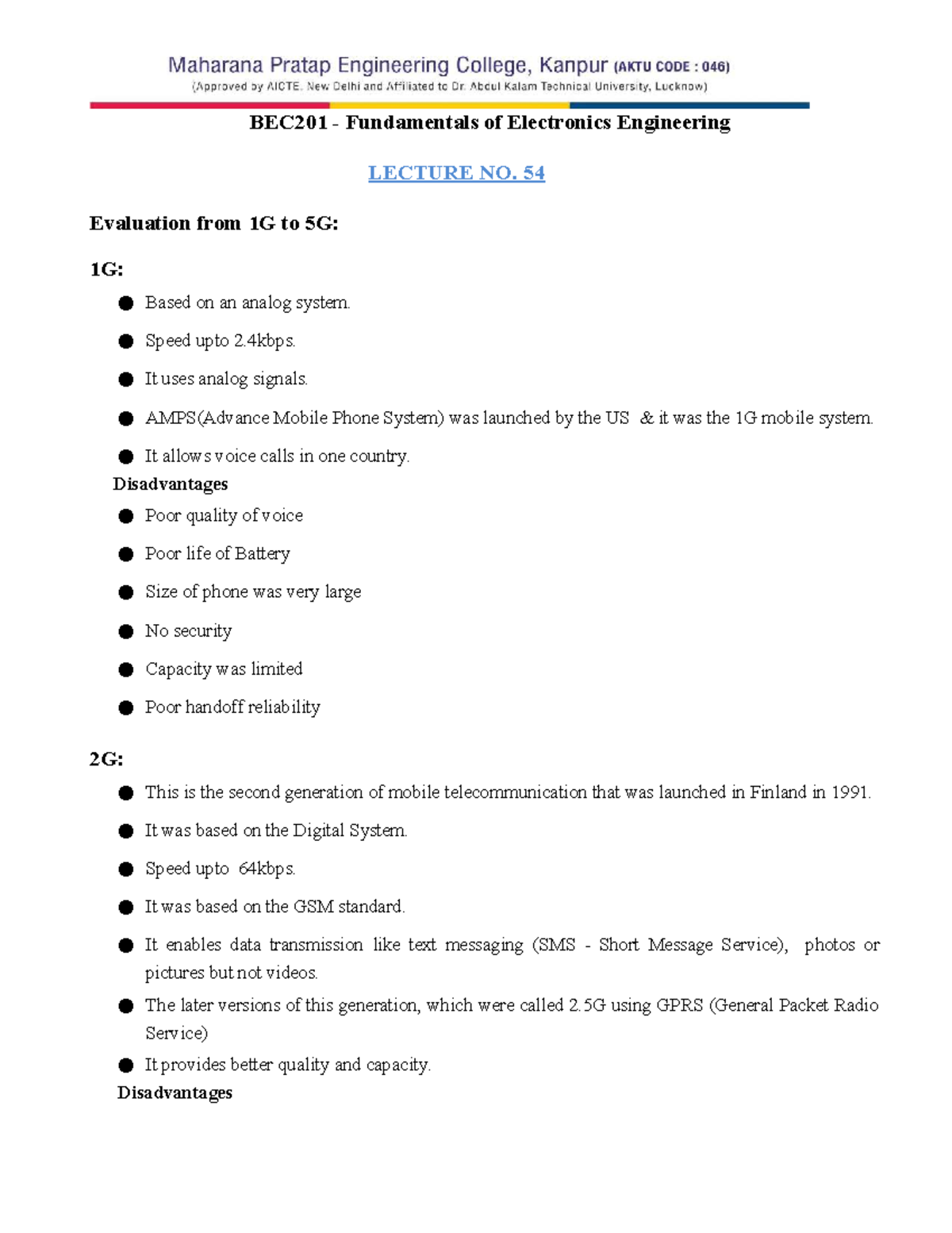 BEC201 Fundamentals of Electronics Engineering LECTURE NO. 54 ...