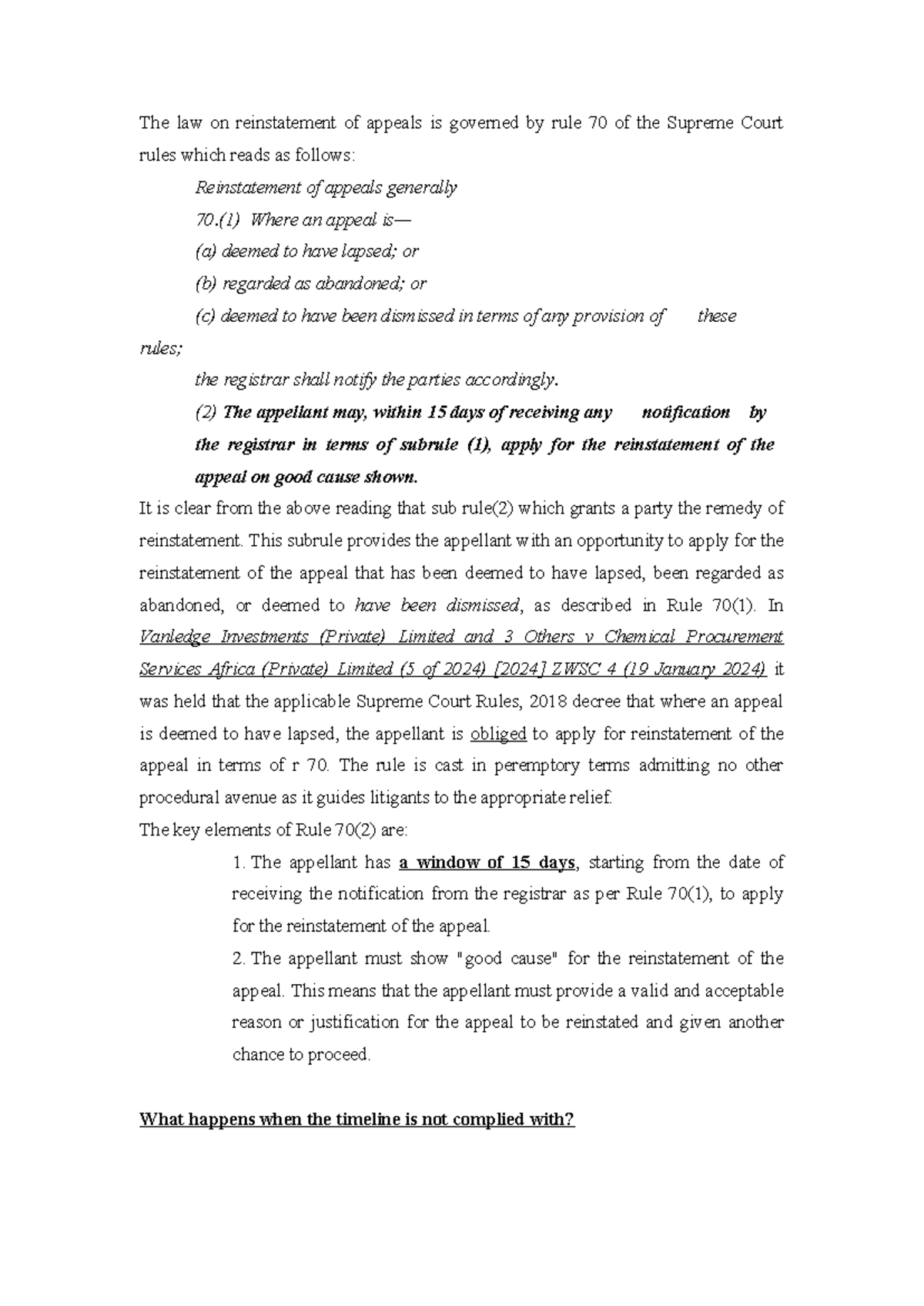Reinstatement of Appeals Under Rule 70: Key Legal Insights - Studocu