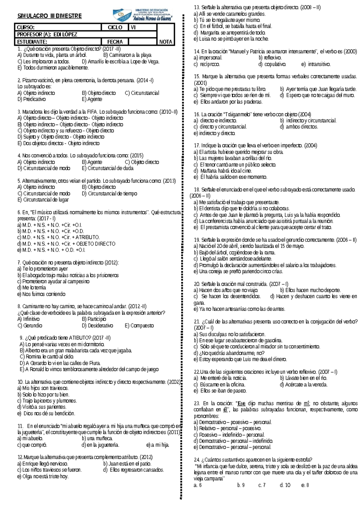 Simulacro III Bimestre Curso: Ciclo VI - Ejercicios de Objetos Directos ...