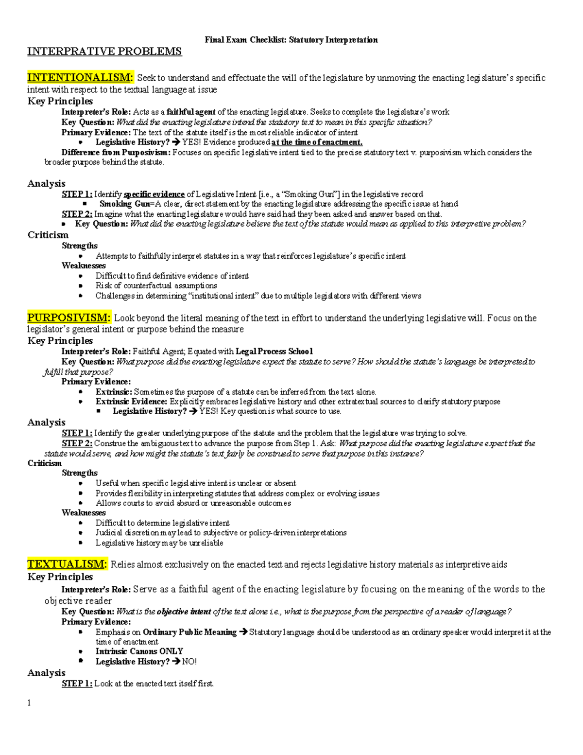 Statutory Interpretation Final Exam Checklist: Key Theories & Analysis ...