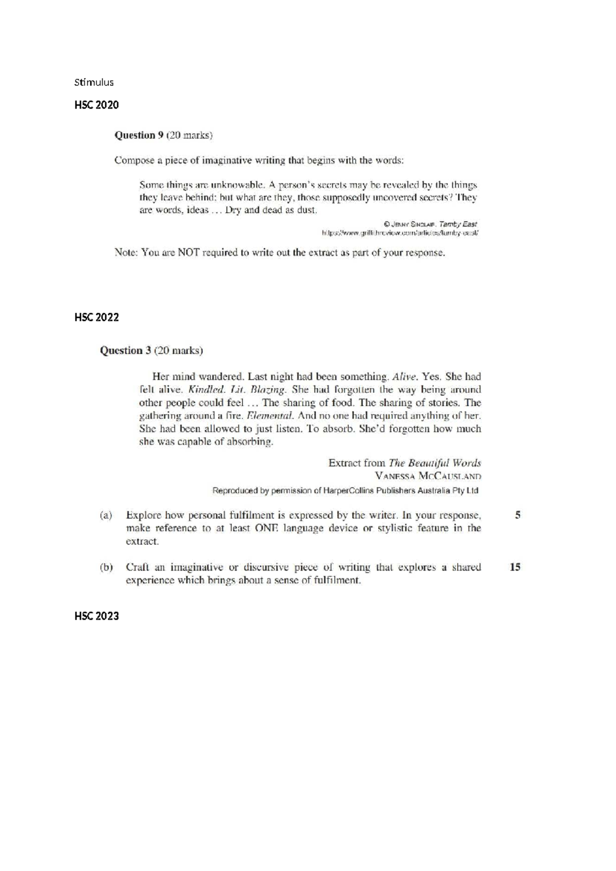 HSC Mod C Past Questions: Imaginative Writing Prompts (2020-2023) - Studocu